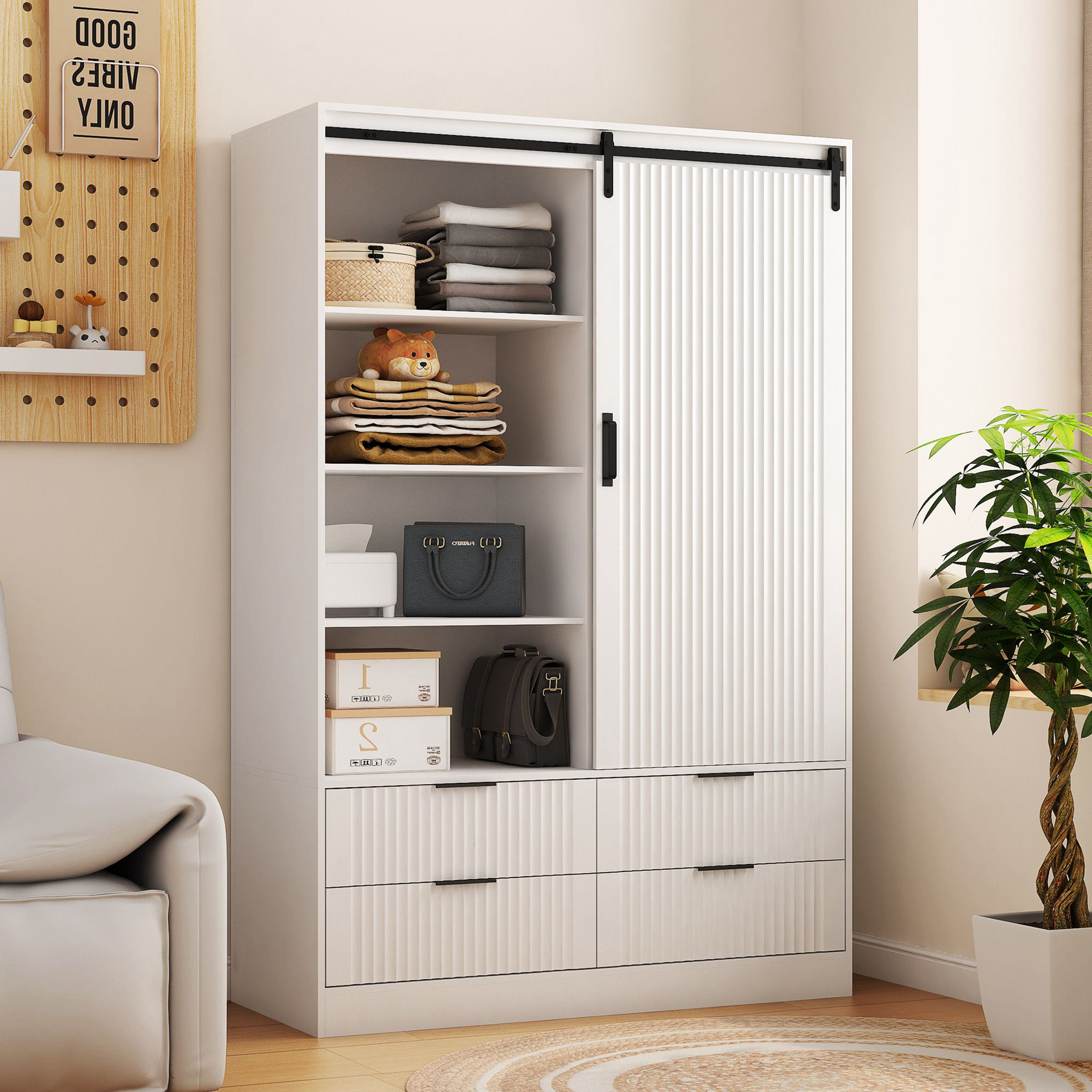 Gracie Oaks Tall Bedroom Closet Hanging Rods Barn Door Drawers Open ...