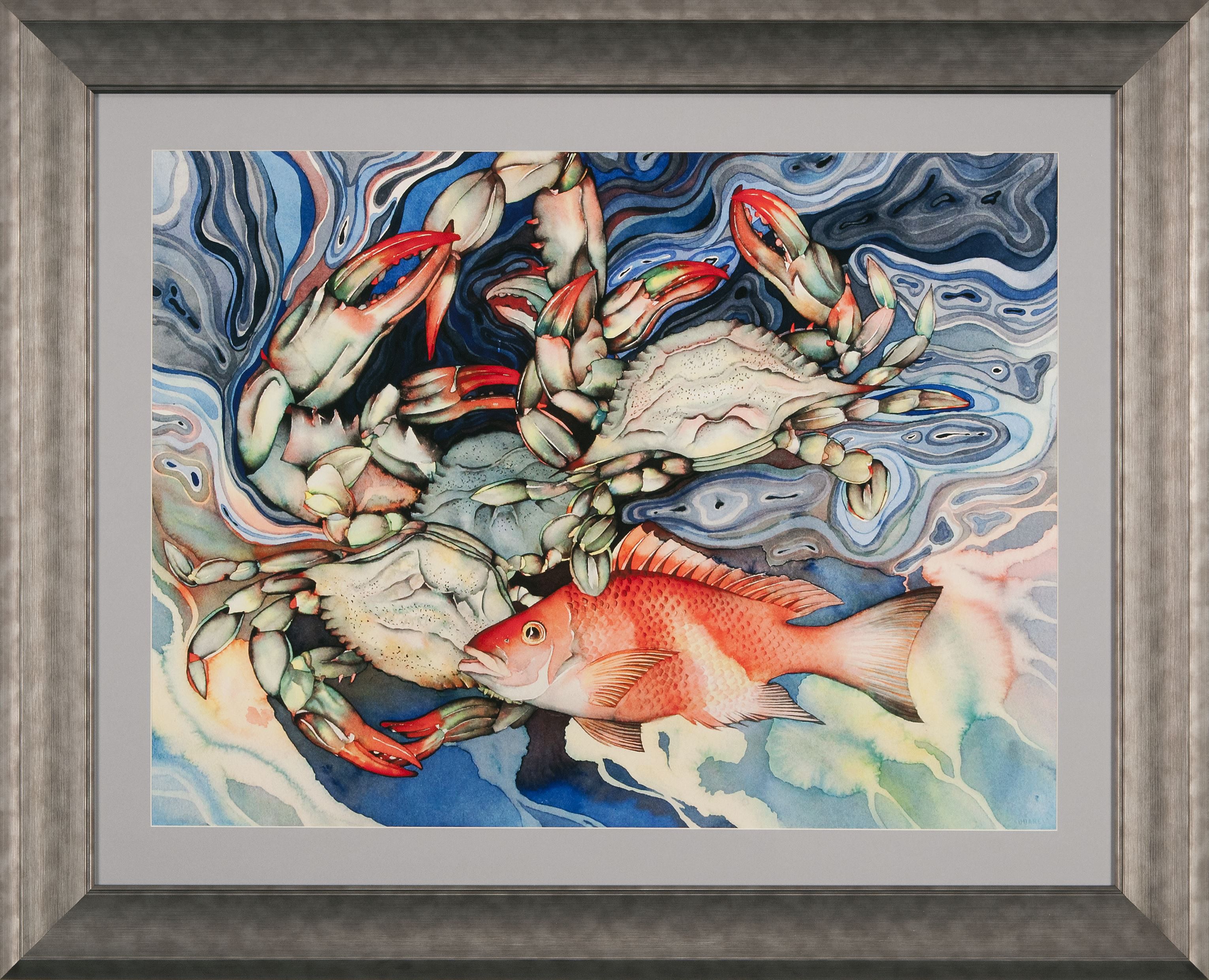 Highland Dunes 'Three Blue Crabs and Snapper' Framed Graphic Art | Wayfair