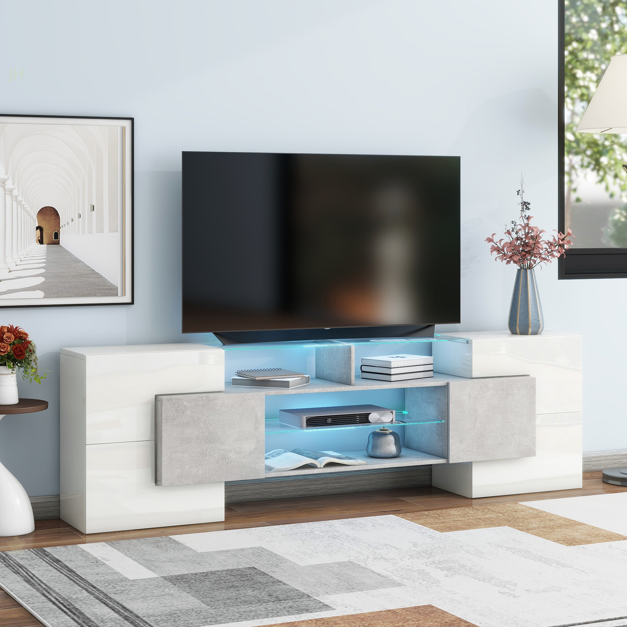 Wrought Studio™ Unique Shape TV Stand With 2 Illuminated Glass Shelves ...