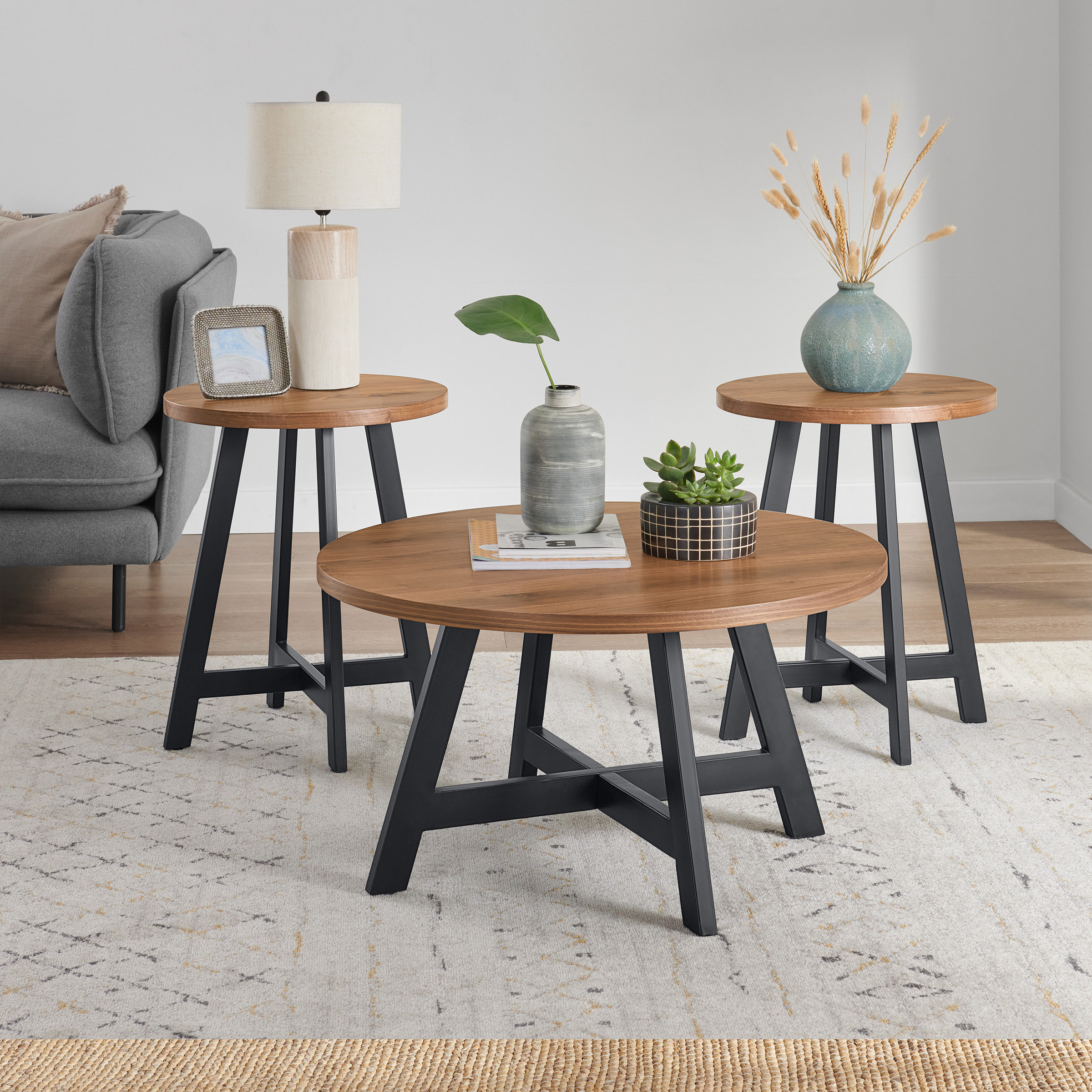 17 Stories 3-Piece Coffee Table Set - Industrial Modern Round Coffee ...