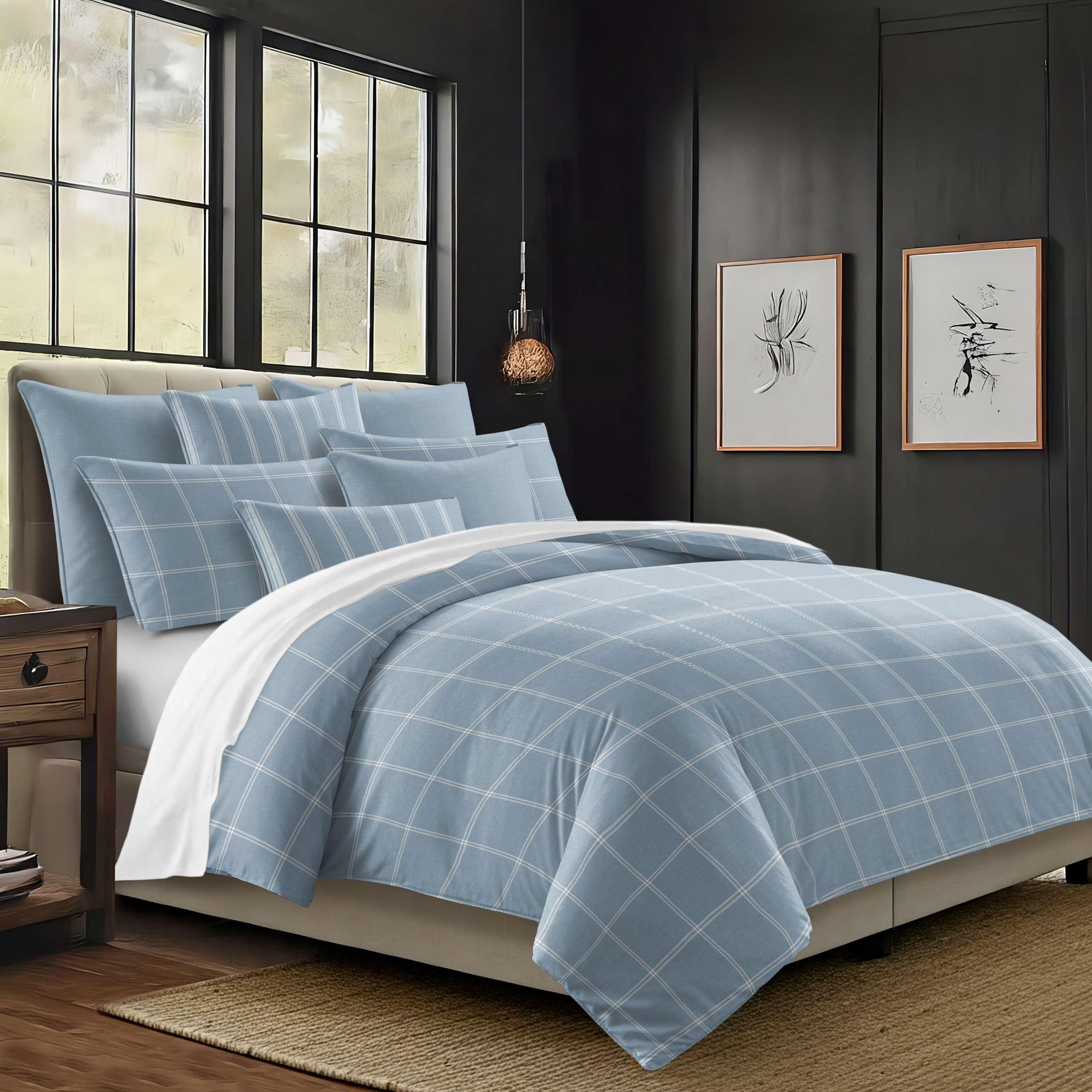 6ix Tailors Fine Linens Shay Window Pane Cornflower Blue Cotton Duvet ...