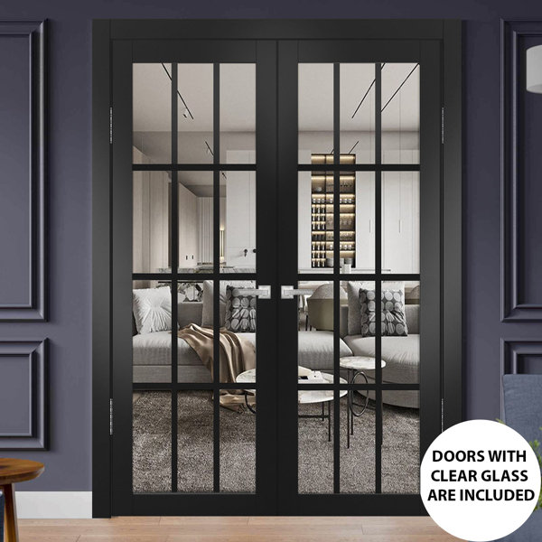 SARTODOORS Felicia Clear Glass Wood French Black Doors & Reviews | Wayfair