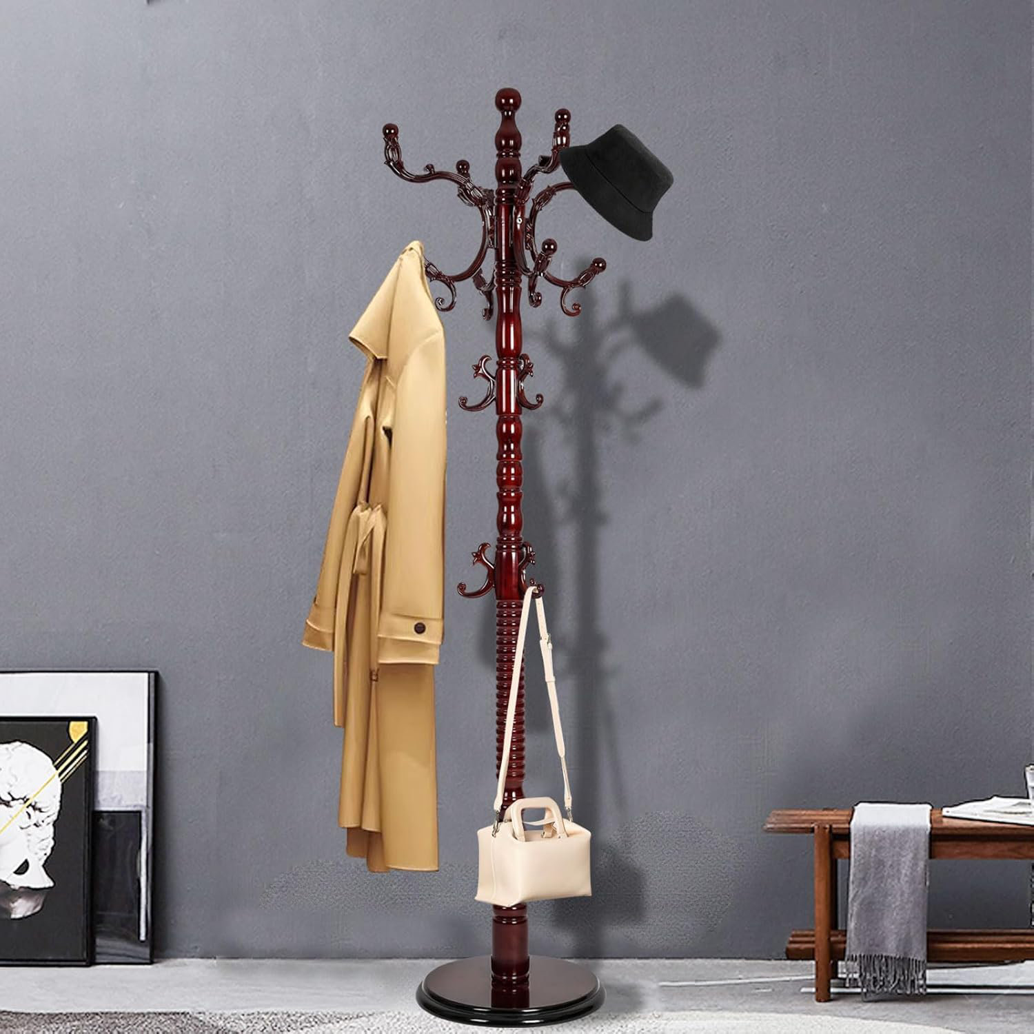ENDOSTO Coat Racks Free Standing with 14 Hooks, Natural Wood Coat Rack ...