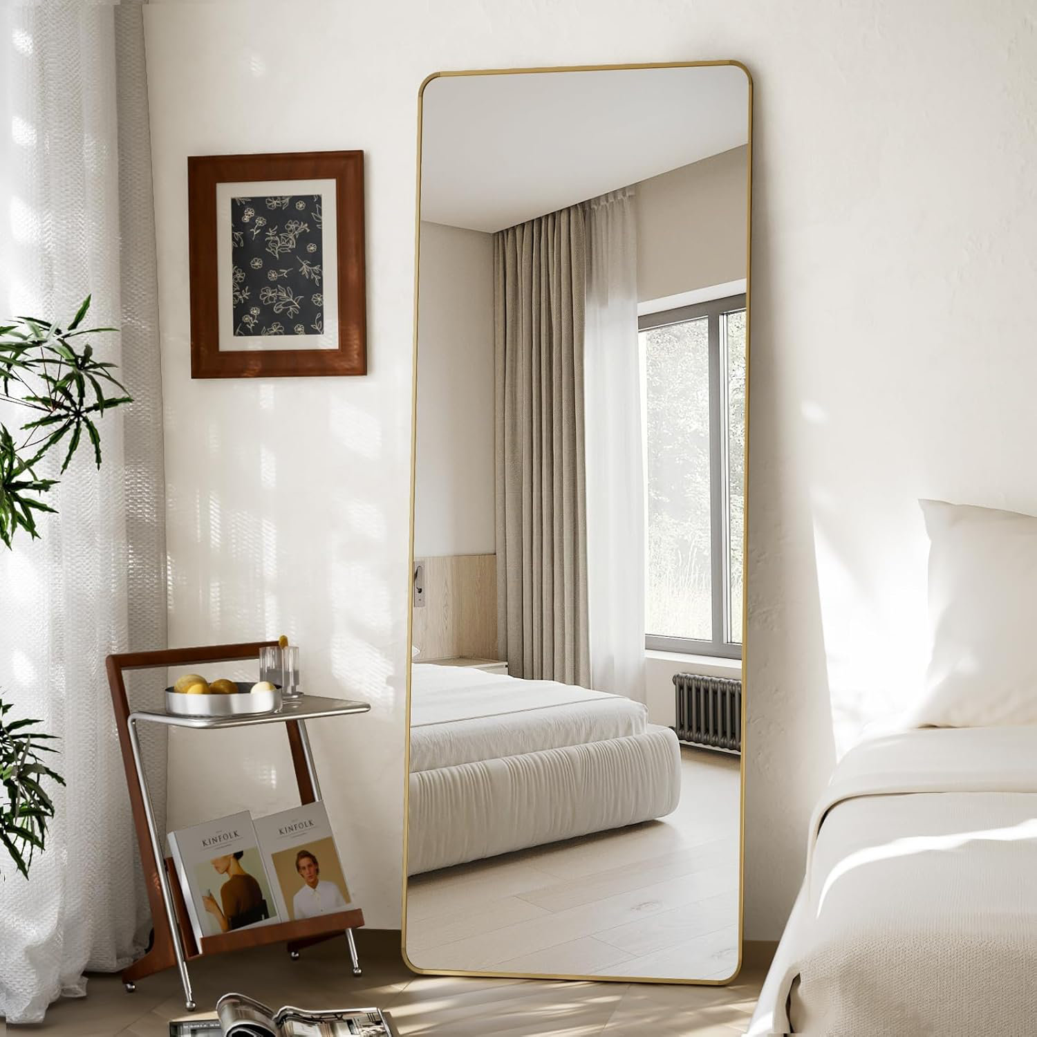 Ebern Designs Round Corner Mirror Full Length, Floor Mirror with Stand ...