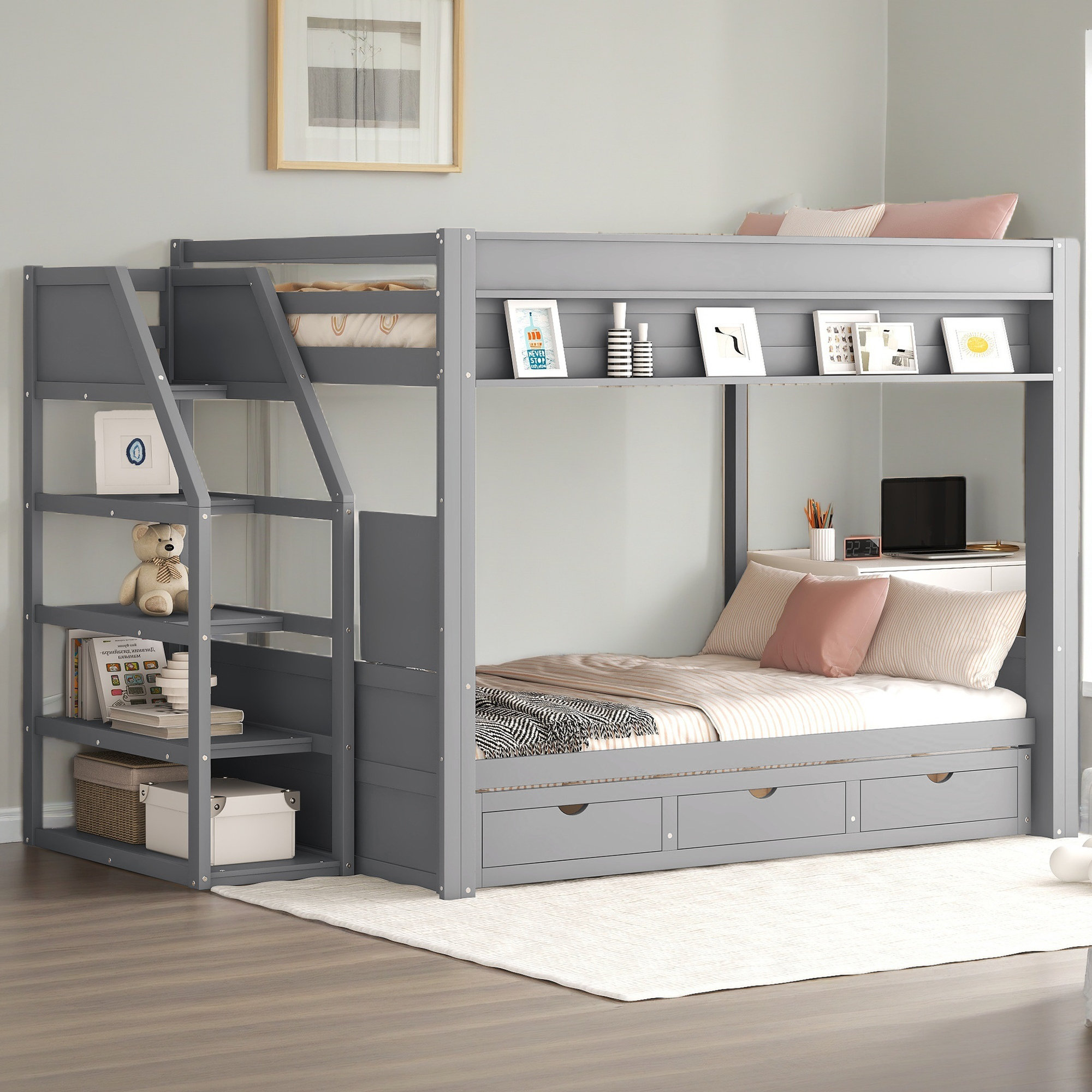 Harriet Bee Wood Full Size Convertible Bunk Bed With Storage Staircase ...