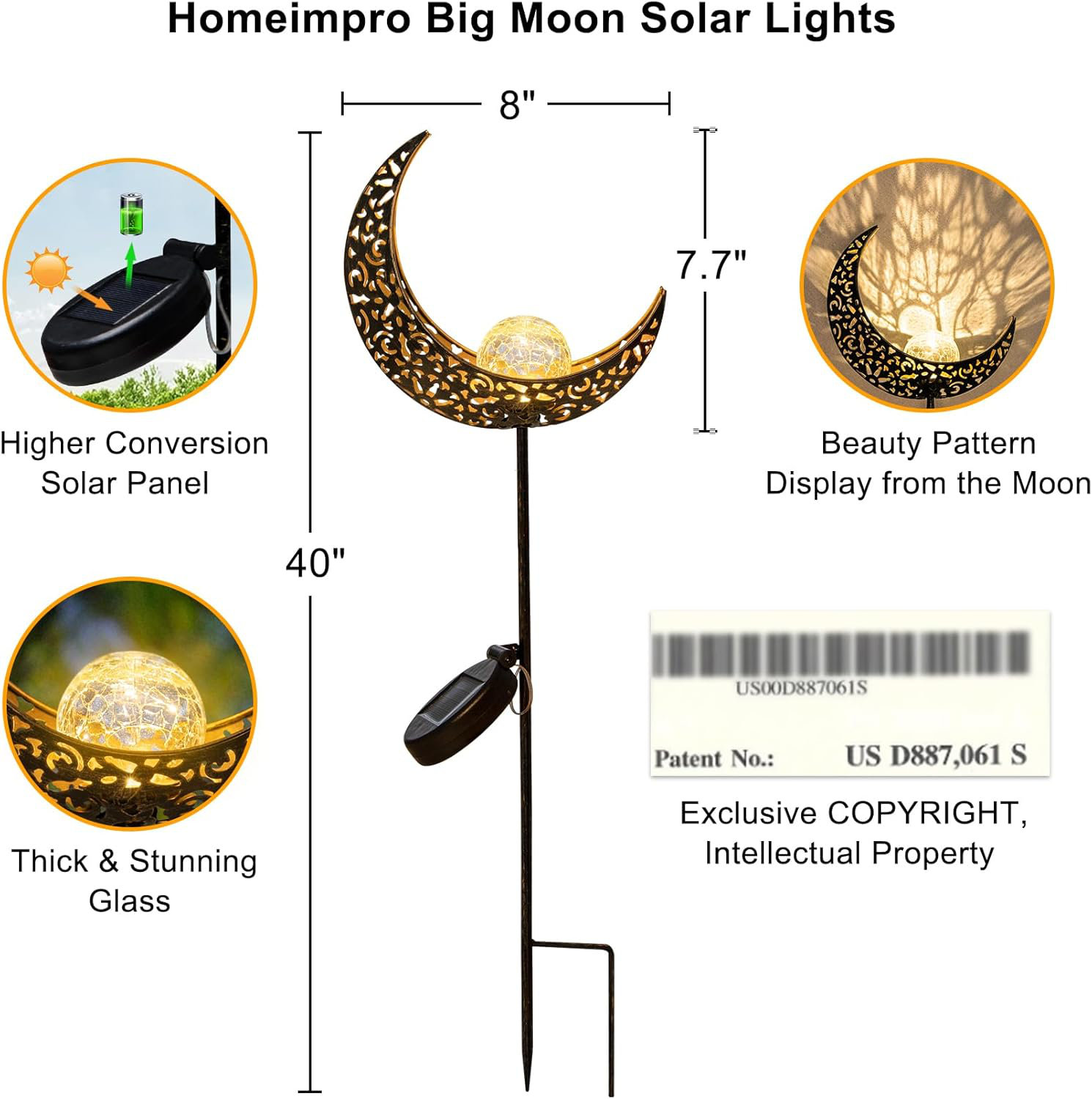 QIANXING HOMEIMPRO Moon Solar Garden Lights, Bronze Metal Moon Decor ...