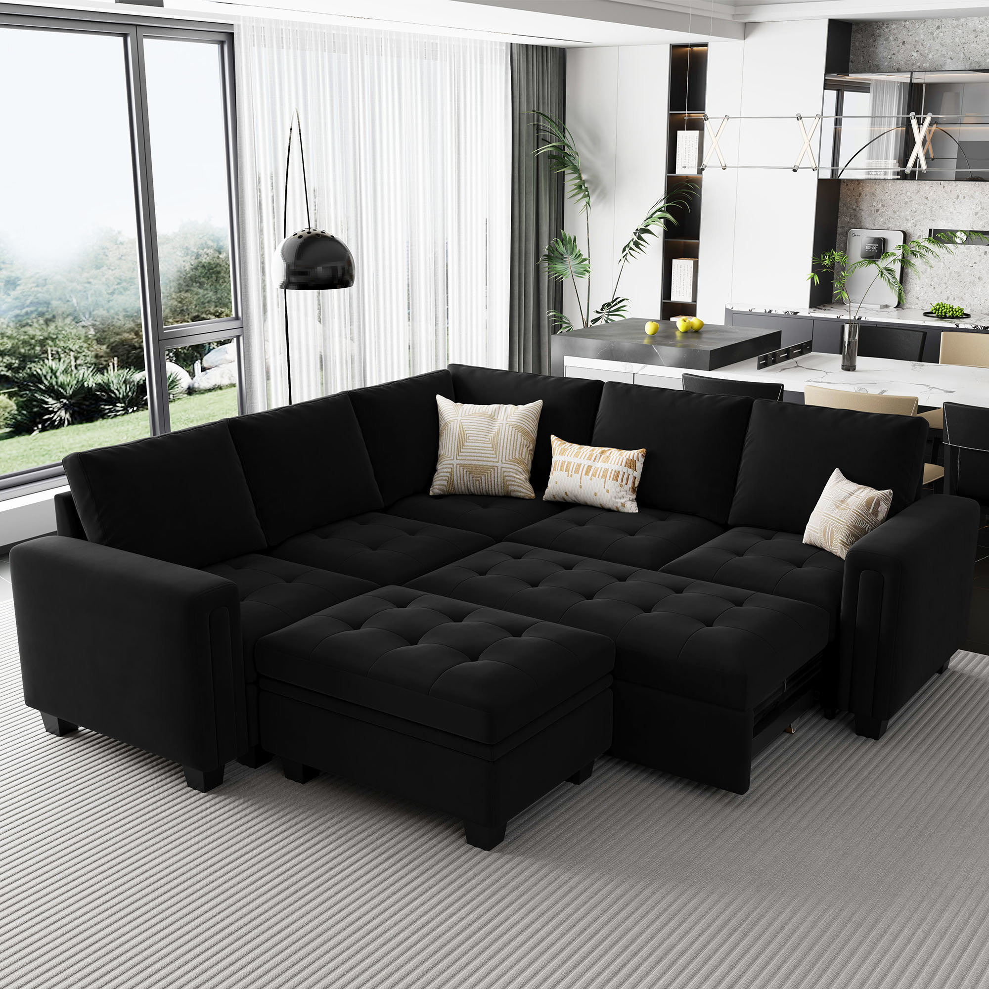 Mercer41 Modular Velvet Pull Out Bed With Storage Ottoman For Living ...