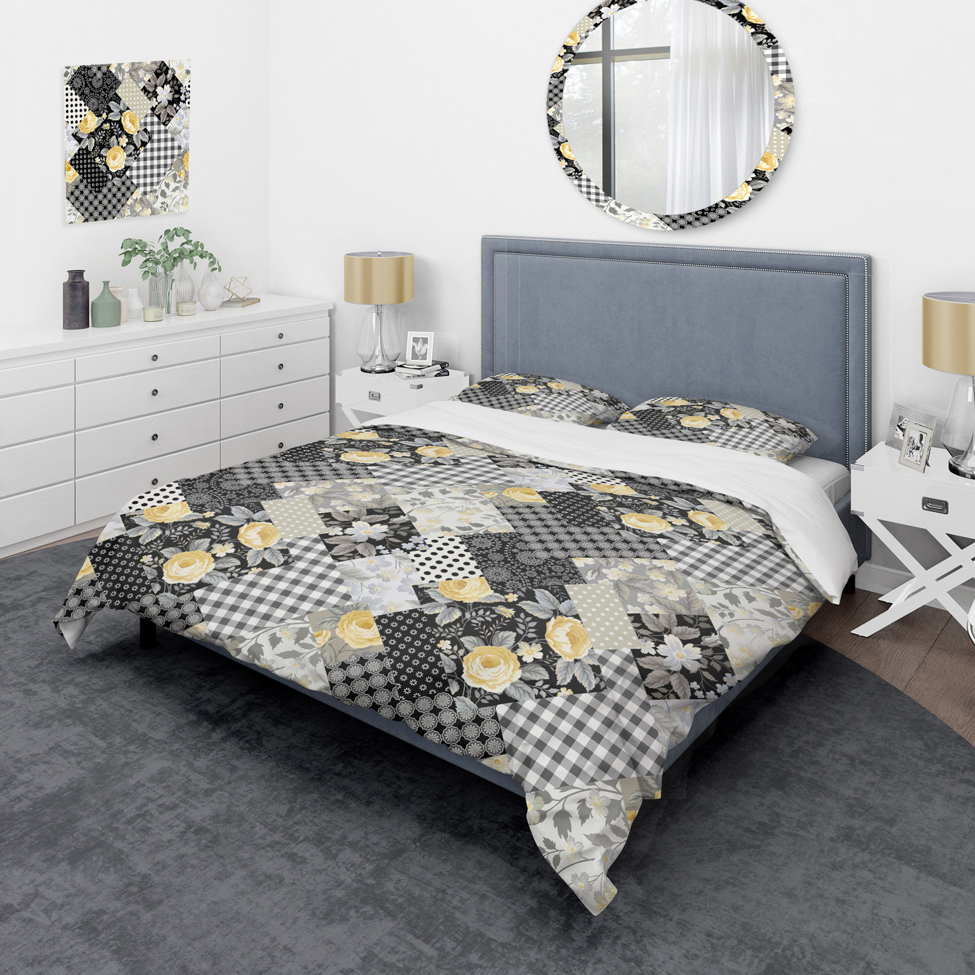 Design Art Yellow Floral Patchwork - Abstract Duvet Cover Set ...