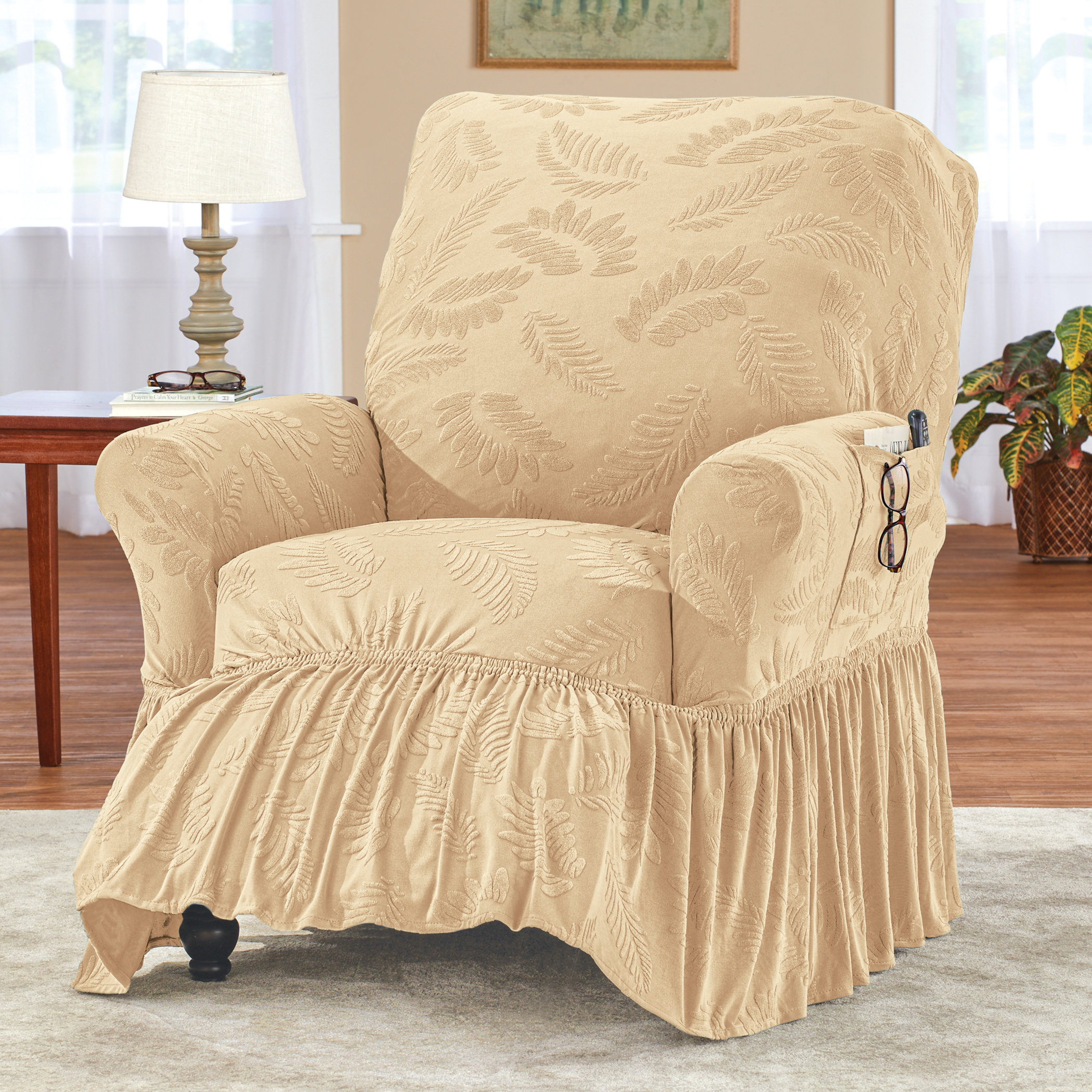 Winston Porter Leaf Design Ruffle Border Stretch Furniture Cover ...