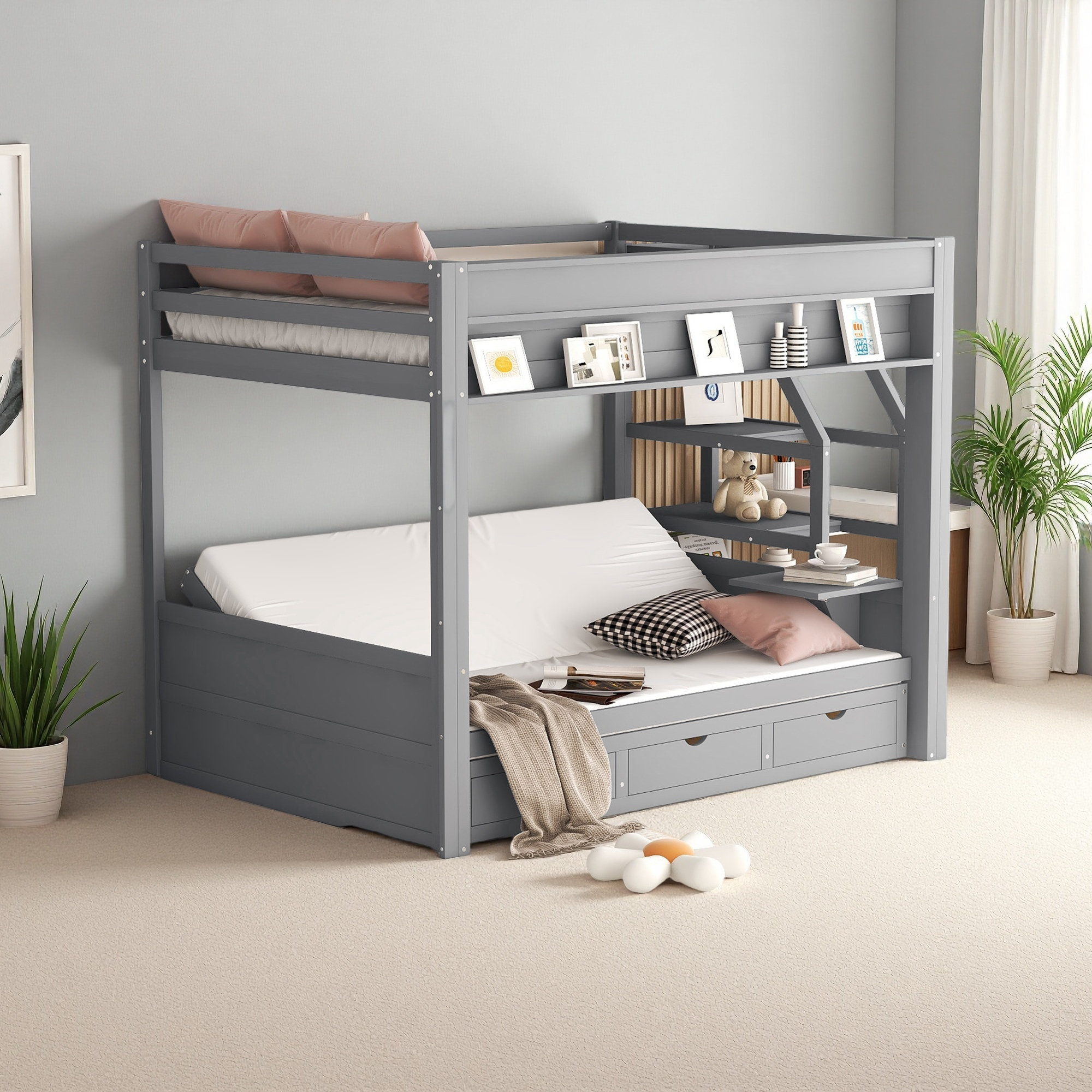 Harriet Bee Wood Full Size Convertible Bunk Bed With Storage Staircase ...