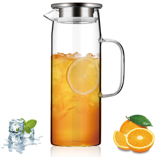 Ebern Designs 1.5 Liter 51 Oz Glass Pitcher With Lid, Glass Water ...