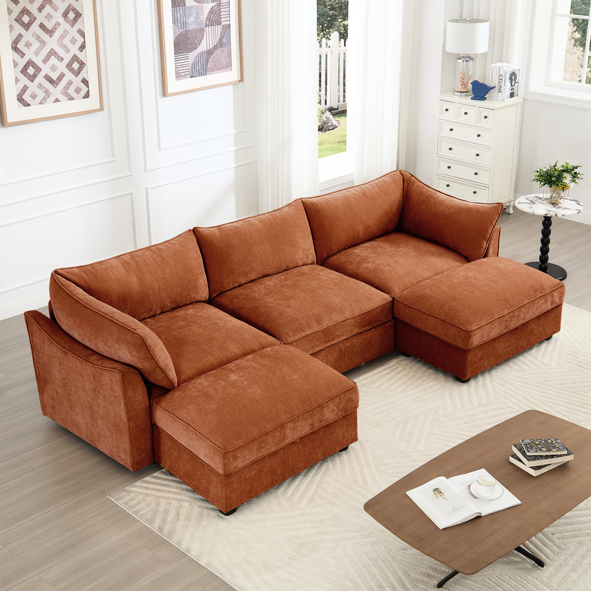 Hokku Designs Orange Chenille U Shape 3 Seater Couch, With 2 Movable ...