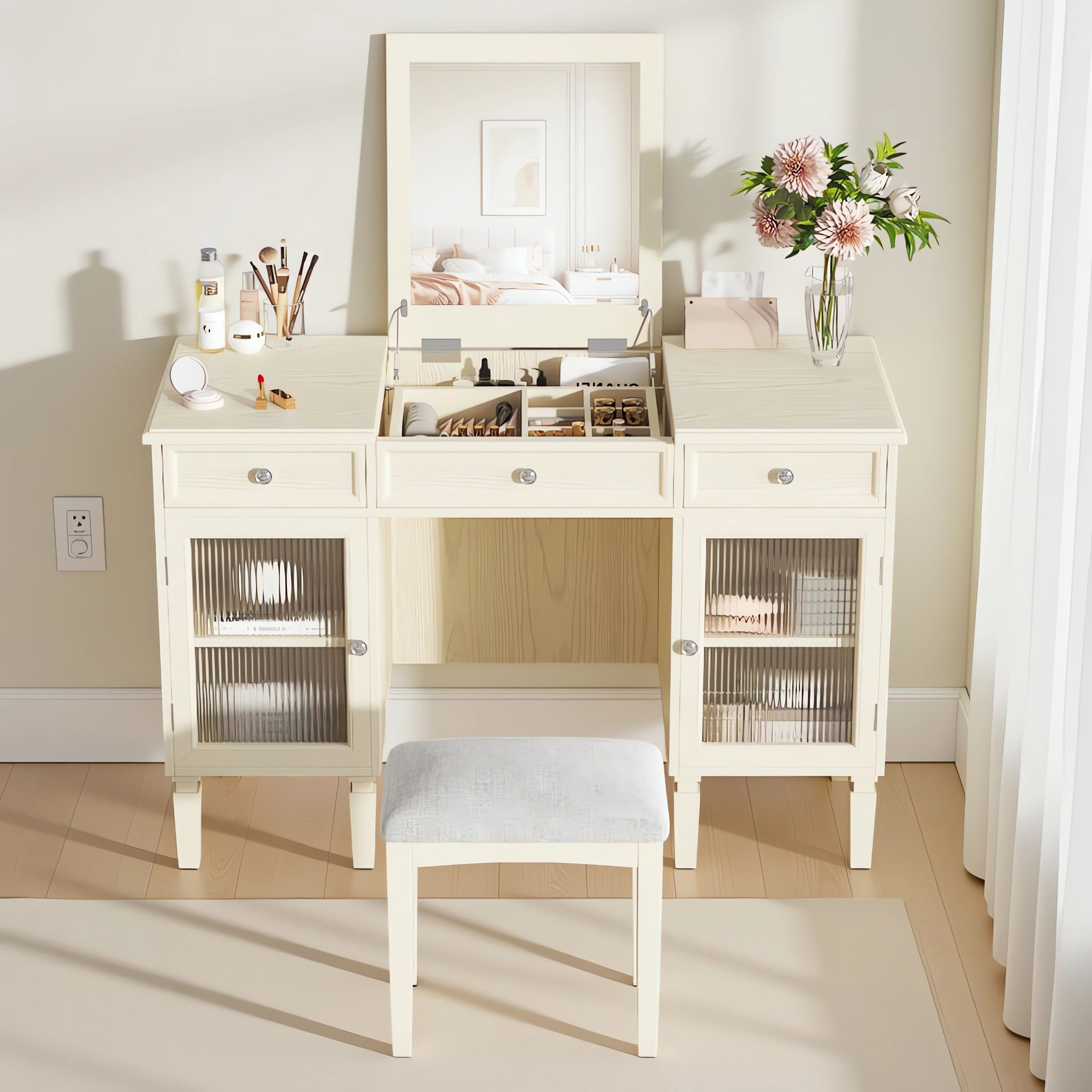 Darby Home Co 29.8"H White Oak Makeup Vanity Set With Upholstered Stool ...