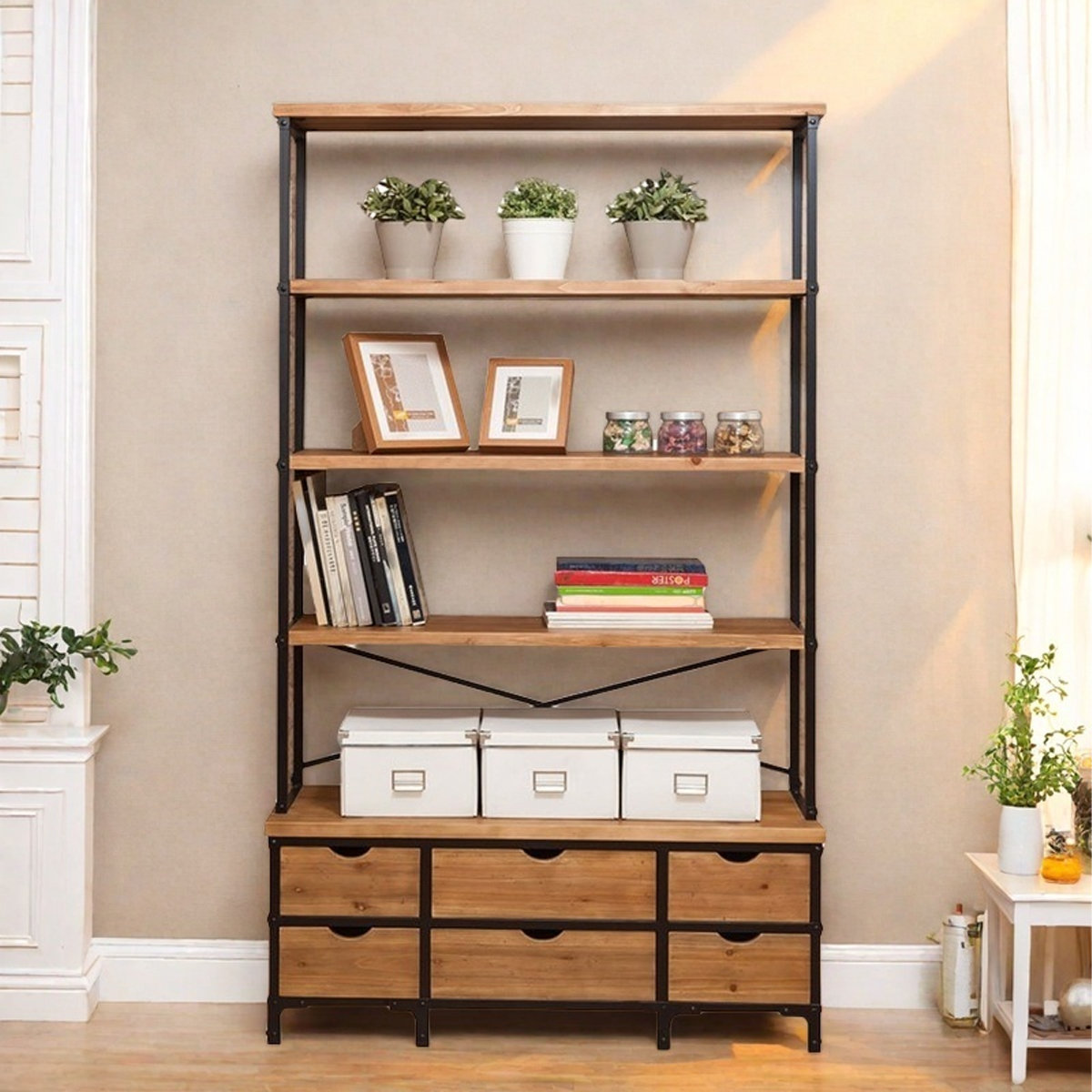 EliteFurnishings 39.37" Brown Standard Solid Wood + Iron Bookcases ...