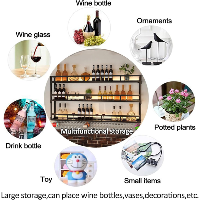 Orren Ellis Wall Mounted Wine Rack, Bar Wine Rack,Black,Metal Modern ...