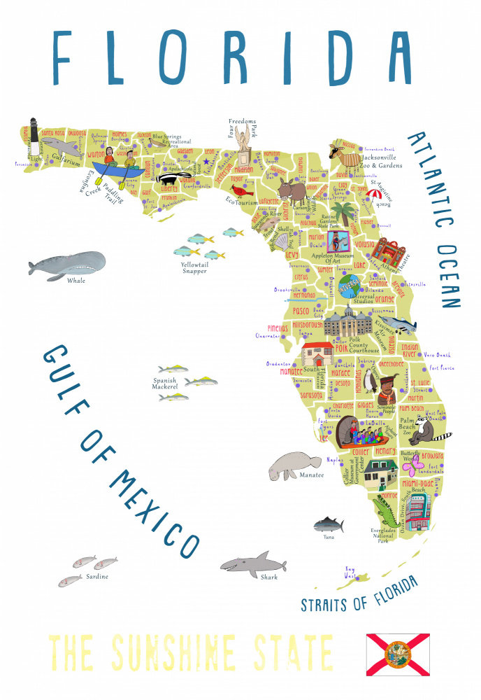 Longshore Tides Illustrated Map of Florida by Artist Carla Daly ...