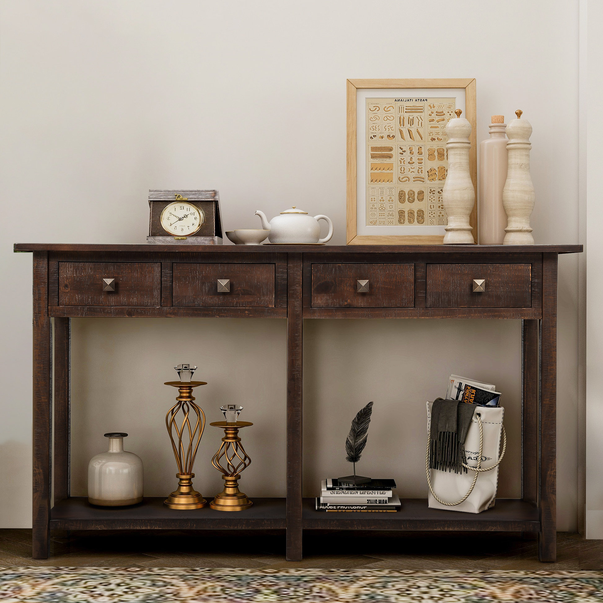 Longshore Tides Batotana 59" Rustic Distressed Console Table With 4 ...