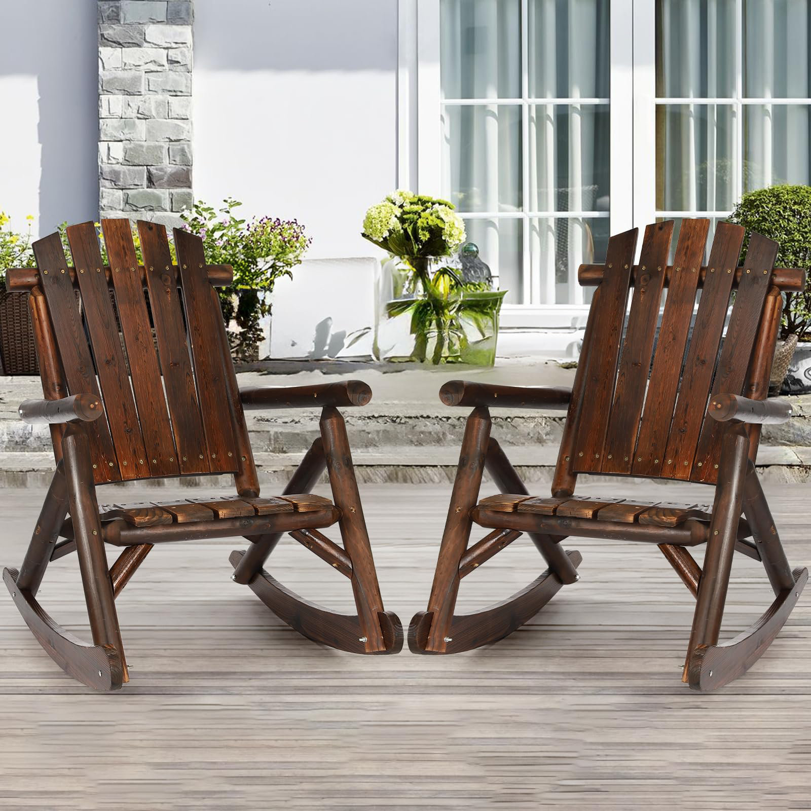 Loon Peak® Homediary Adirondack Rocking Chair, Patio Log Rocker Outdoor ...