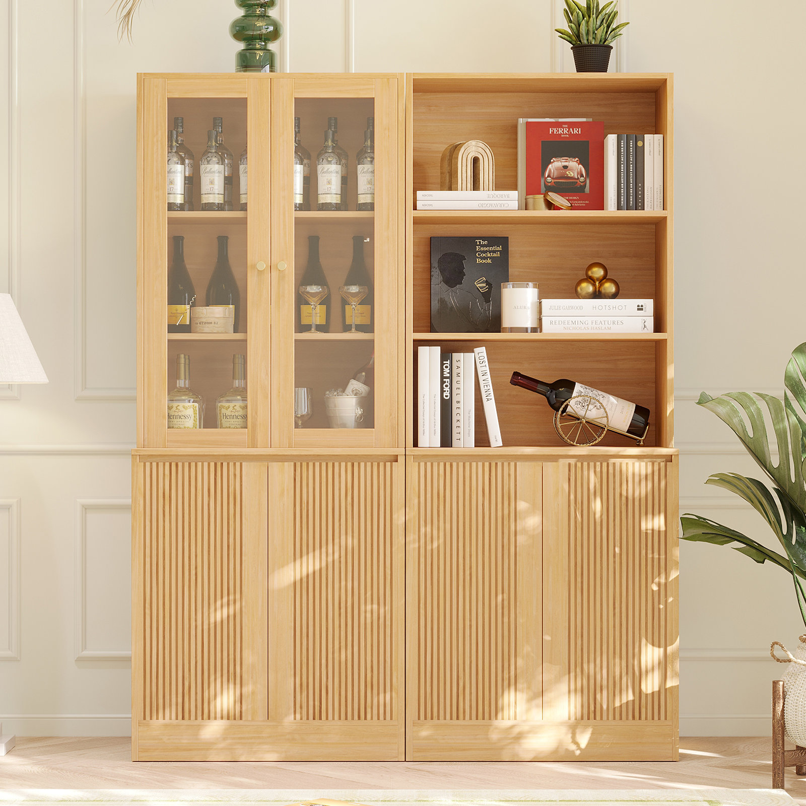 Latitude Run® 71" H X 47.3" W Bookcase Cabinet Wtth Tempered Glass ...