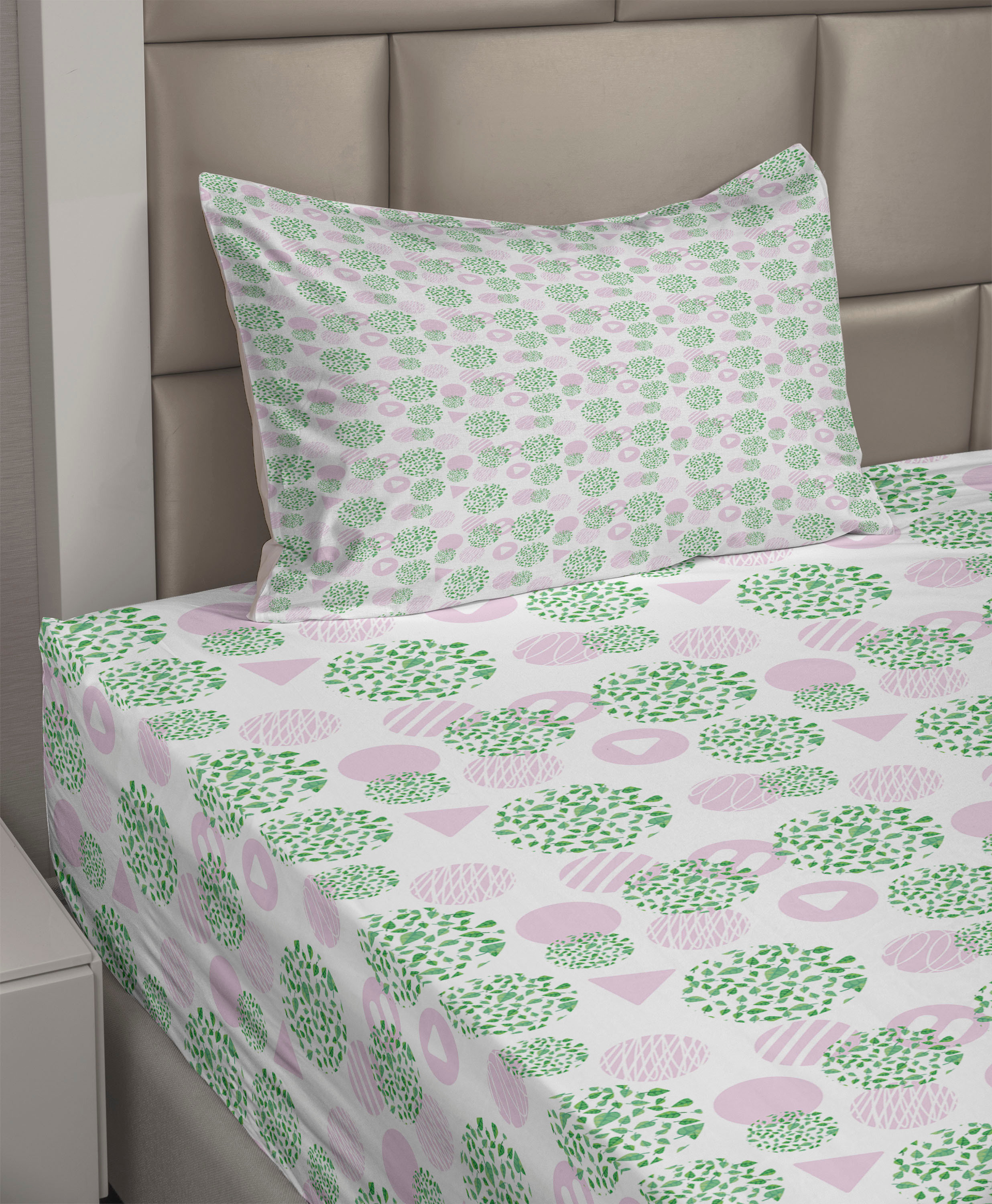 Ambesonne Spring Sheet Set Triangles Circles and Leaves Jade Green ...