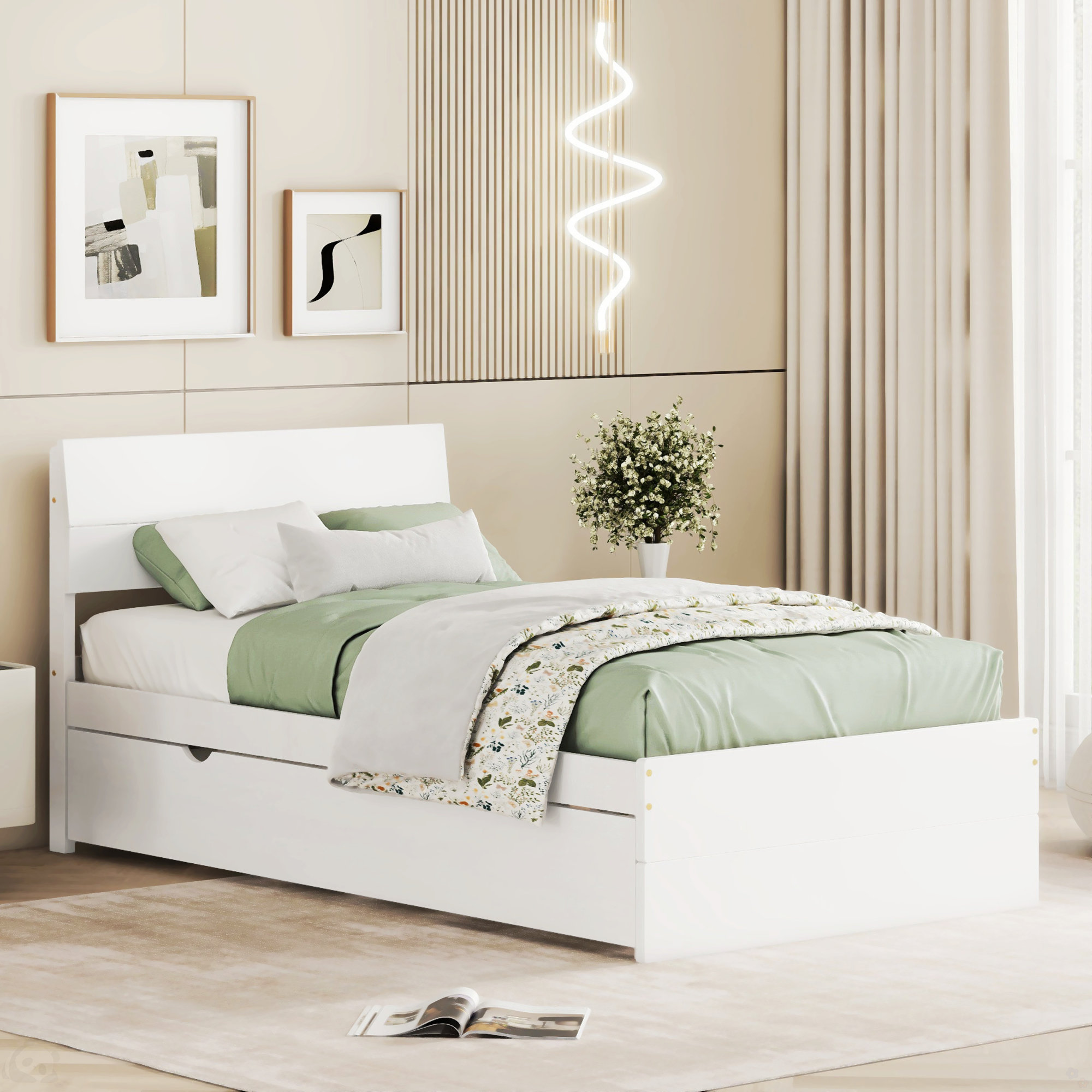 Latitude Run® Modern Twin Bed Frame With Twin Trundle For White High ...