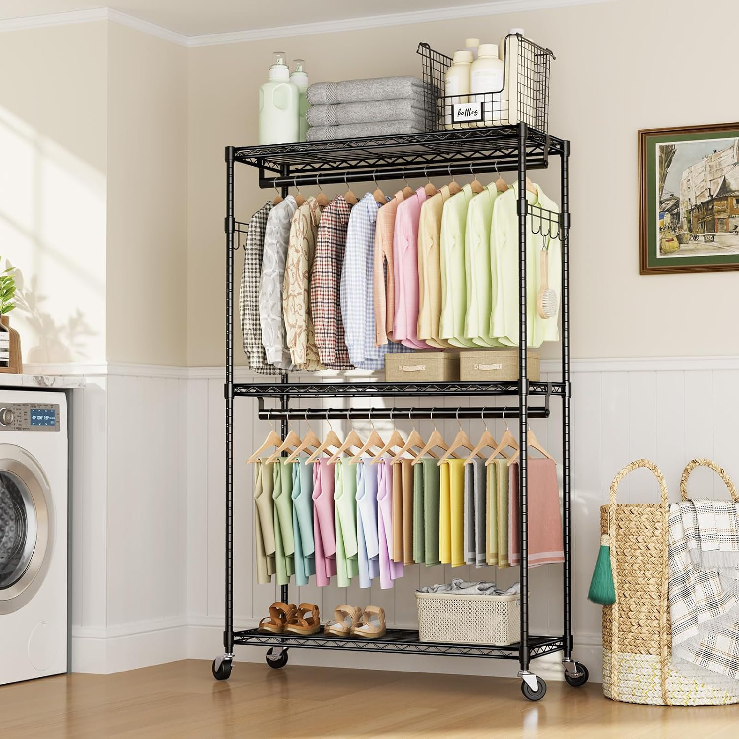 Rebrilliant Rolling Clothes Rack, Heavy Duty Garment Racks 3 Tiers ...