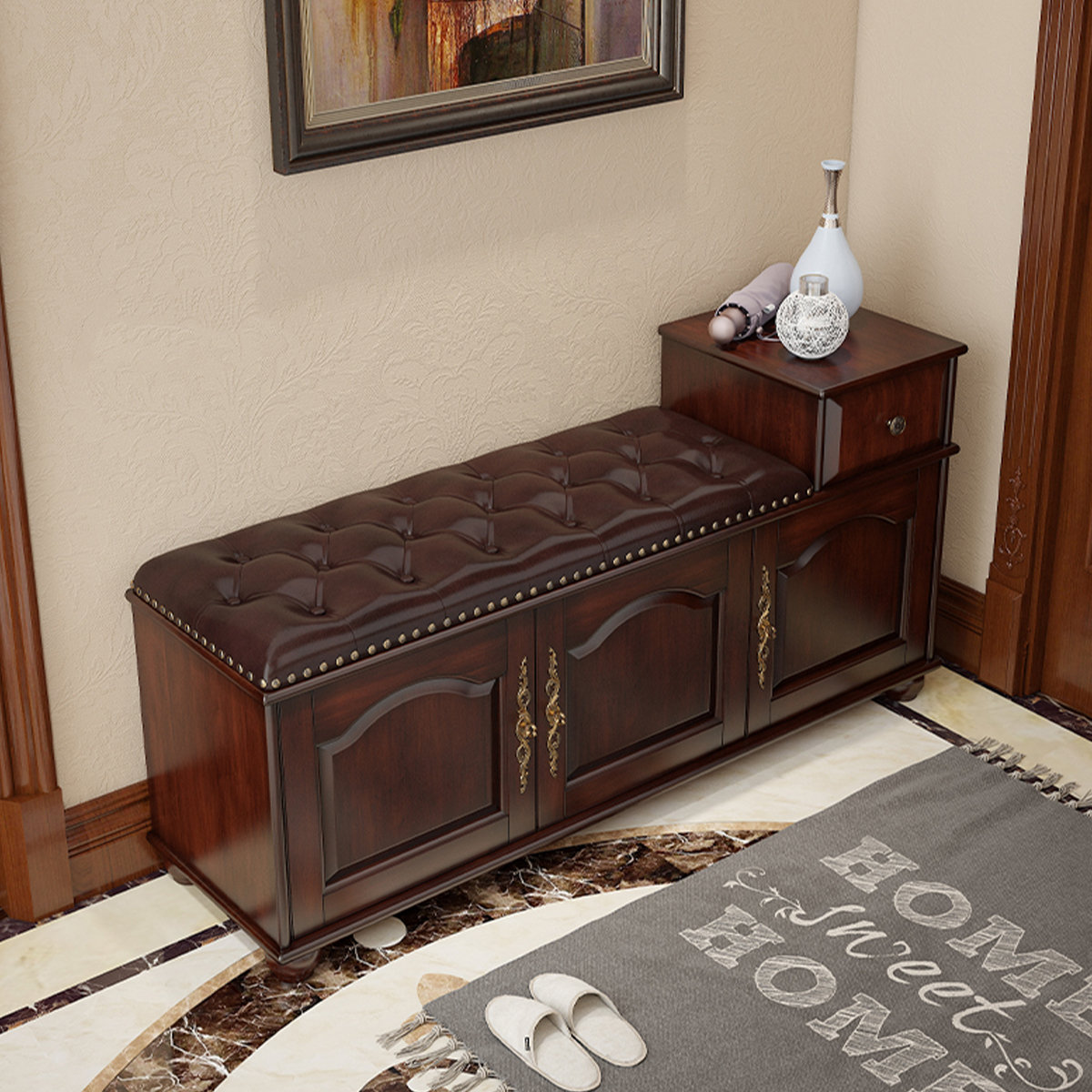 Canora Grey Walnut Upholstered Shoe Storage Bench | Wayfair