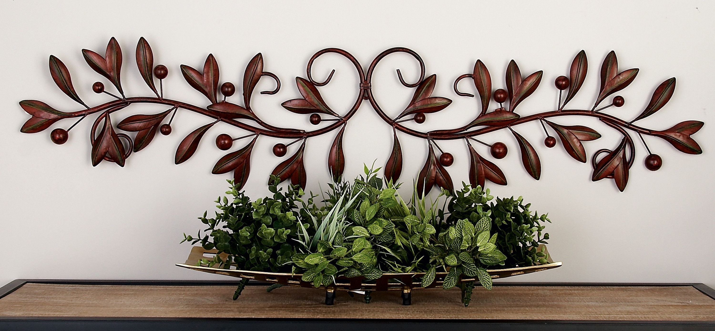 Ophelia & Co. Metal Long Horizontal Vine Leaf Red Wall Decor with Green ...