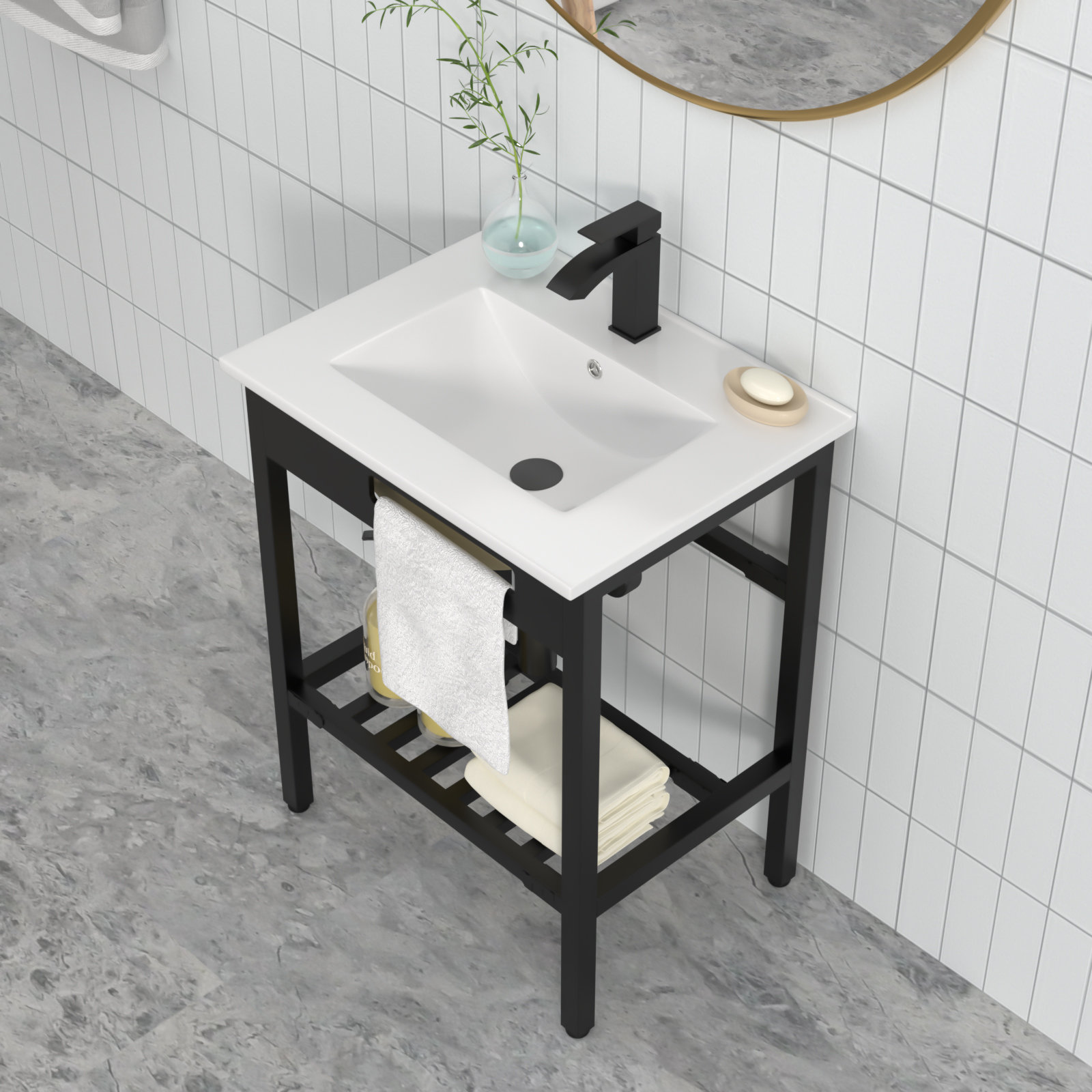 Kichae 24" x 18" White Ceramic Console Sink with Black Stainless Steel ...