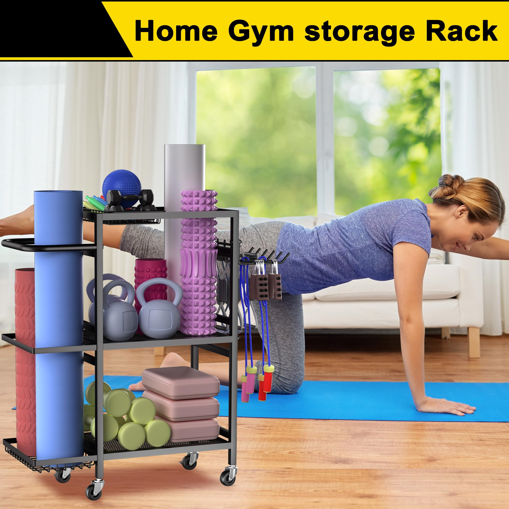 Blooming Home Gym Storage Rack, 3 Tier Yoga Mat Storage Rack With Wheel ...