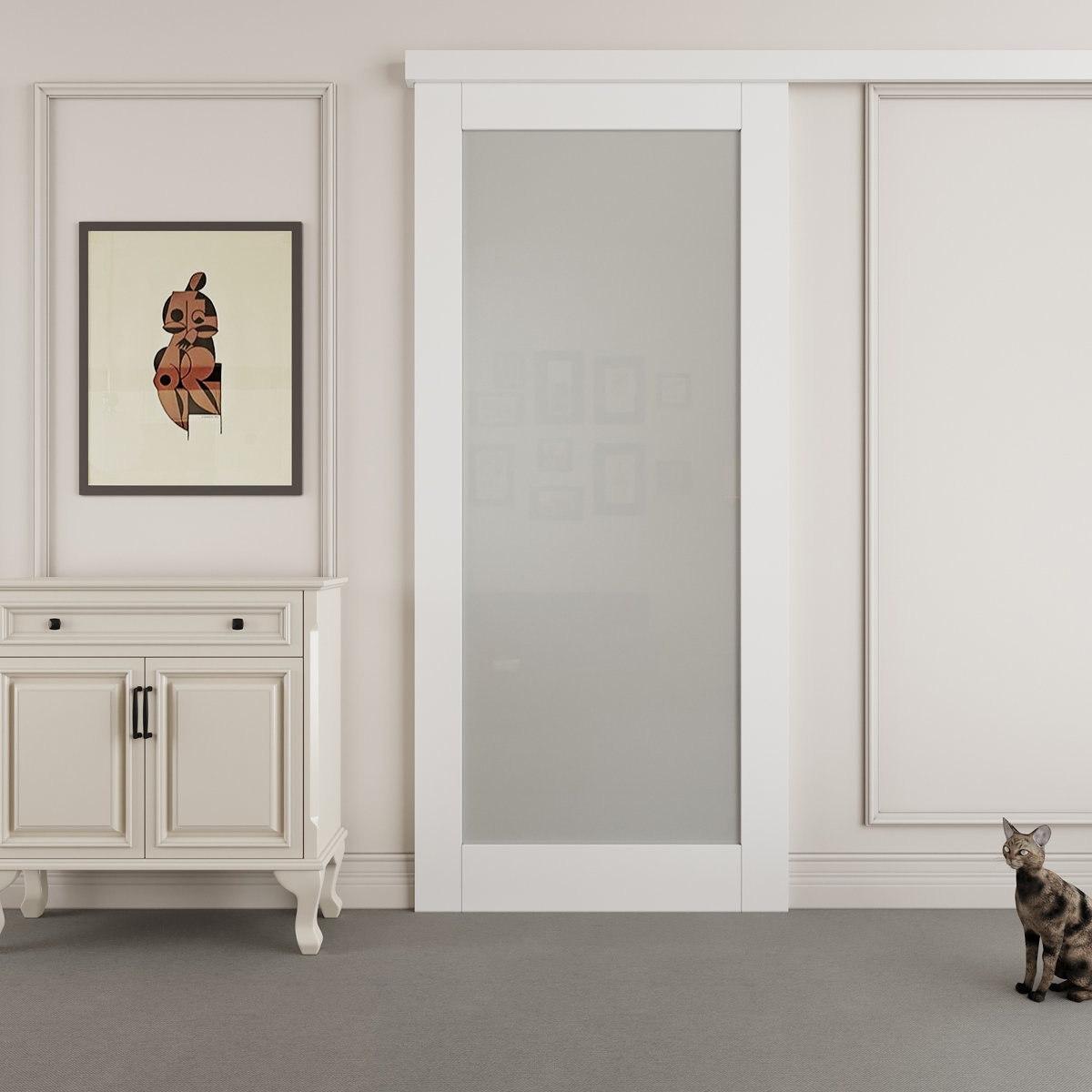 Win Stellar 80" Hidden Style Track White Primed 1-Lite Frosted Glass ...