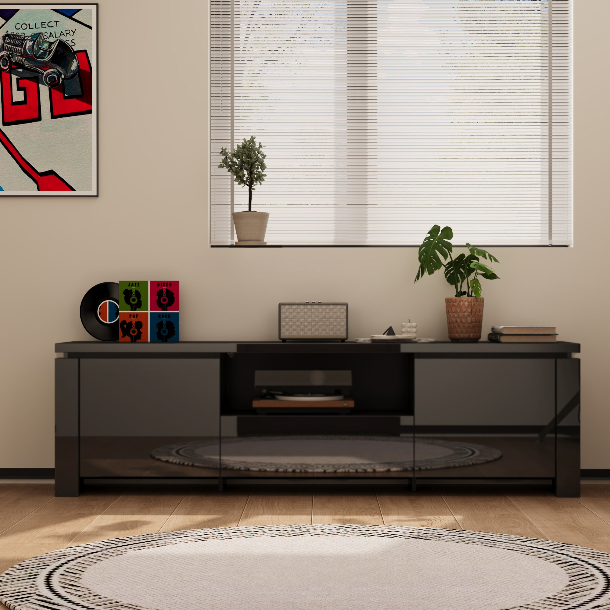 Ebern Designs 70" Wide High-Gloss LED Record Player Stand, Media ...