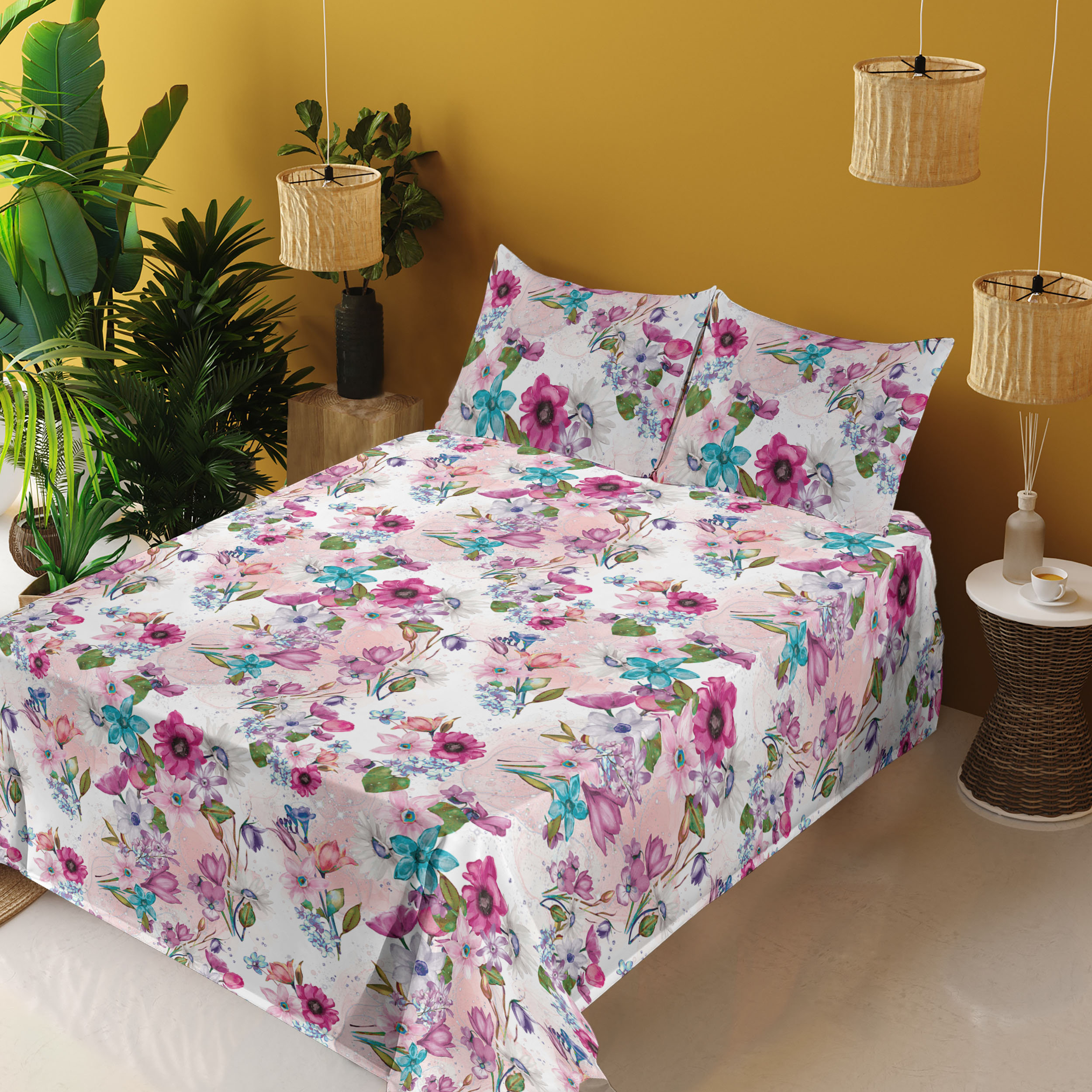 Ambesonne Floral Design Sheet Set Spring Dreamy Flowers Magenta ...