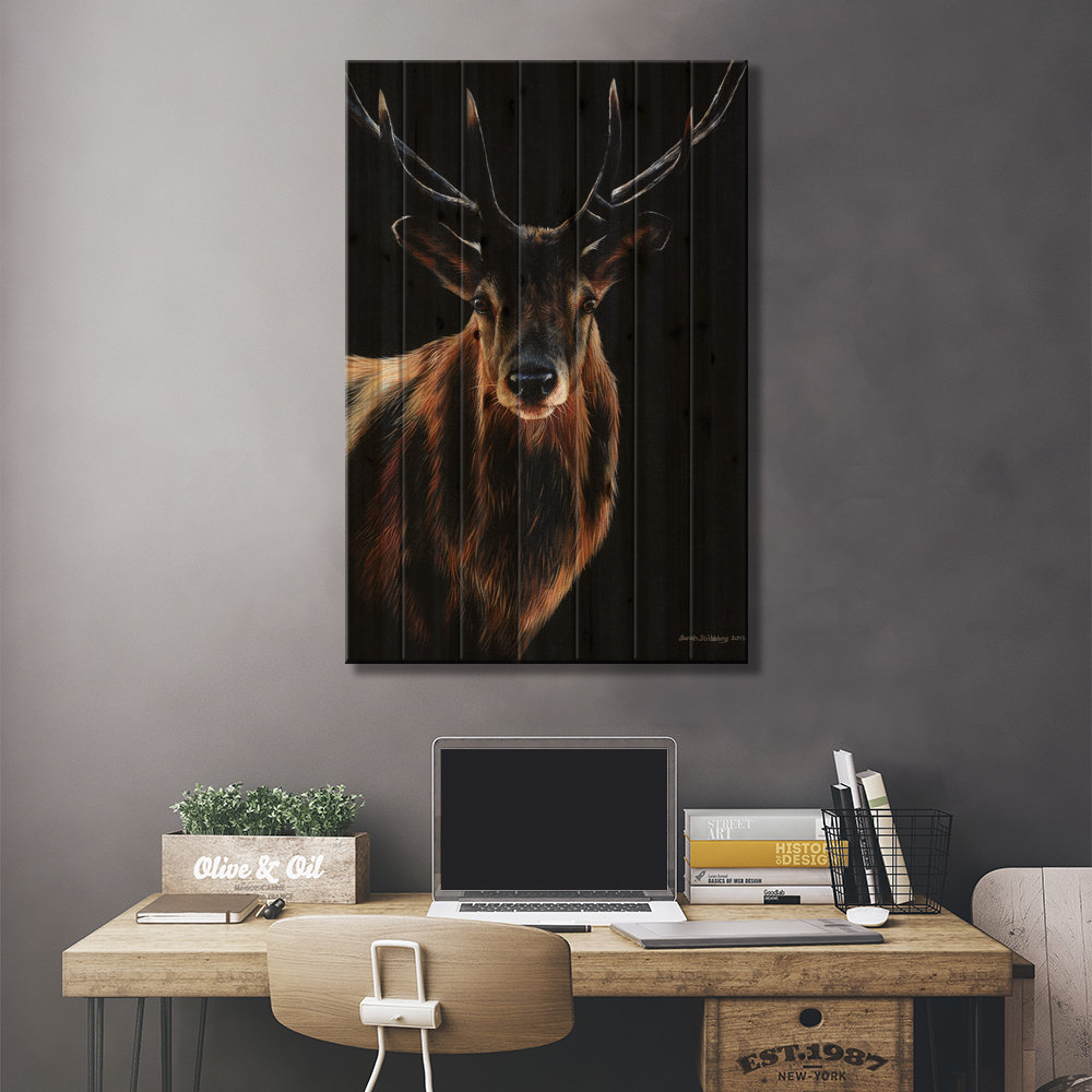 Millwood Pines Edwa Stag On Wood by Sarah Stribbling Print | Wayfair