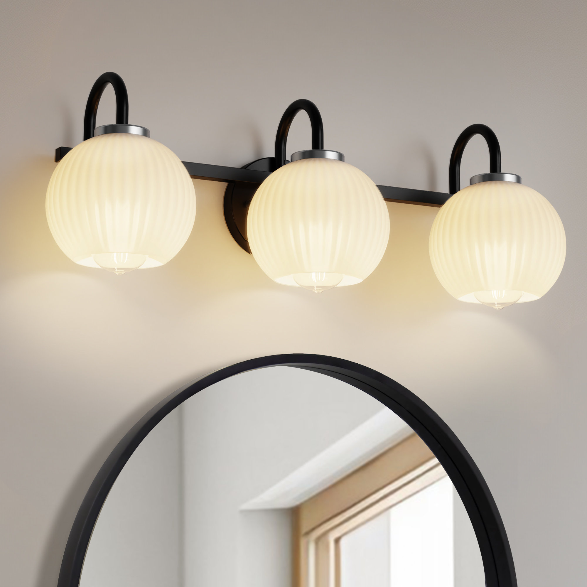 Latitude Run® Modern 3-Light Black Vanity Fixture With Striped Milk ...