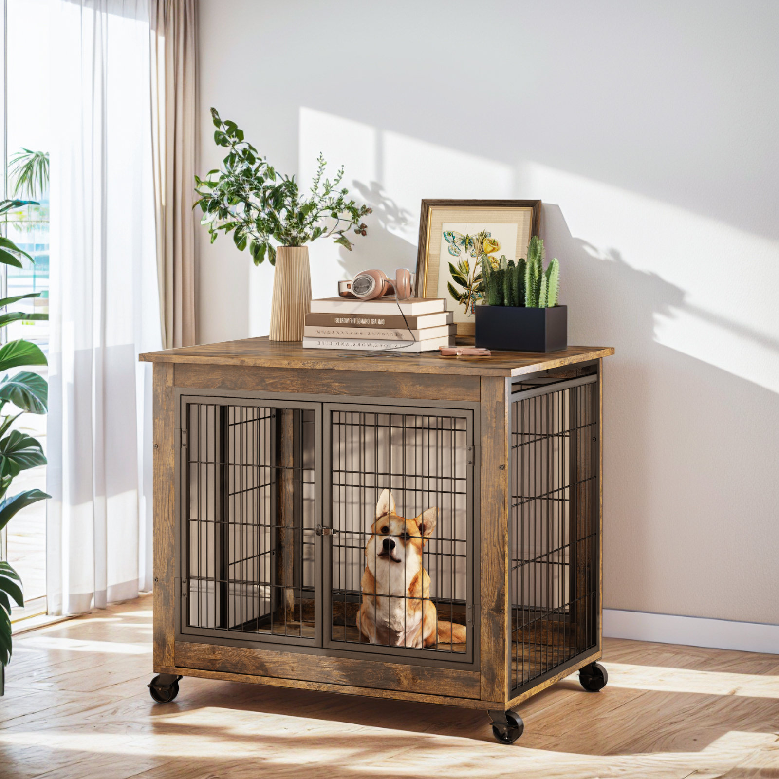Tucker Murphy Pet™ Dog Crate Side Table On Wheels With Double Doors And ...