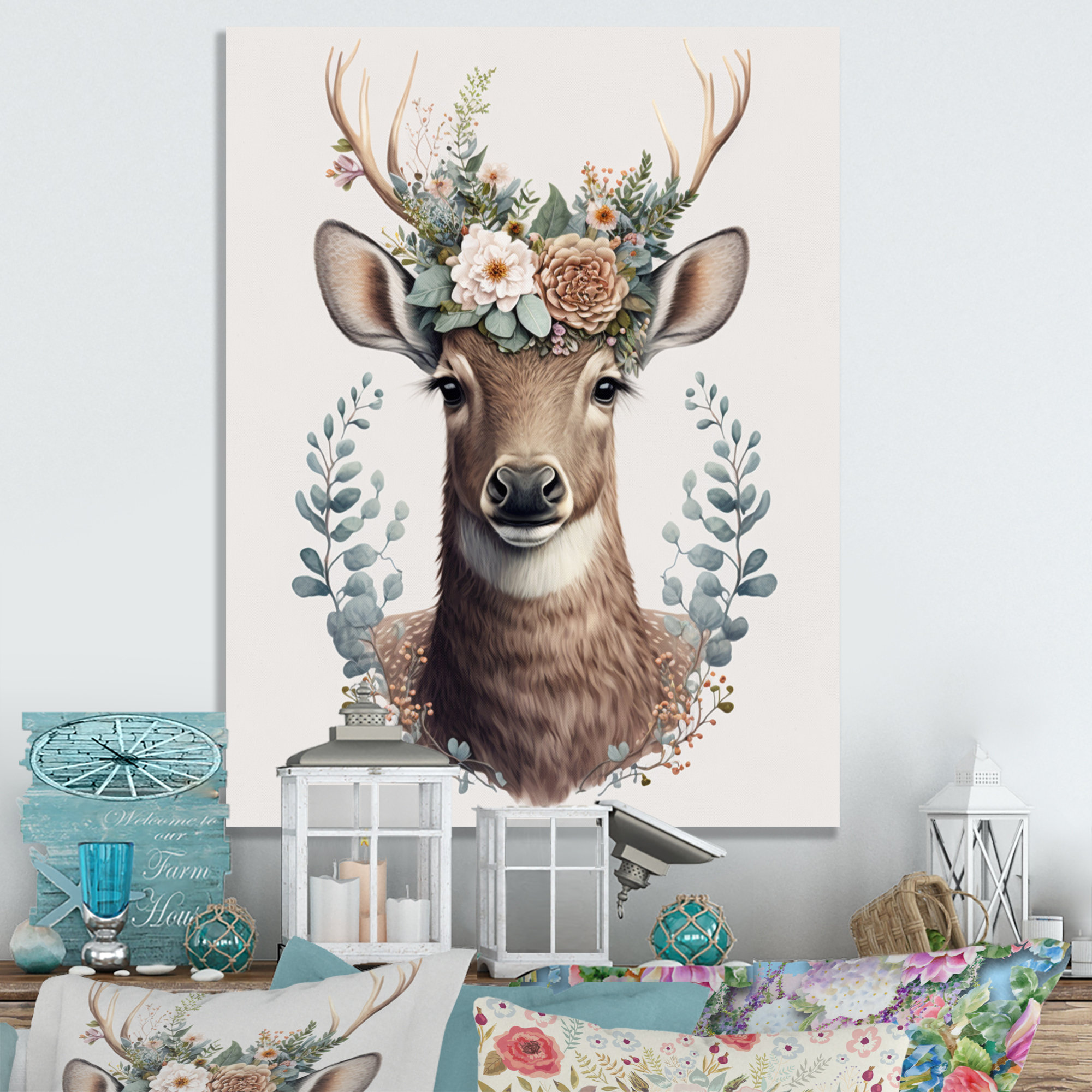 Trinx Cute Baby Caribou With Floral Crown V - Modern Canvas Wall Art ...
