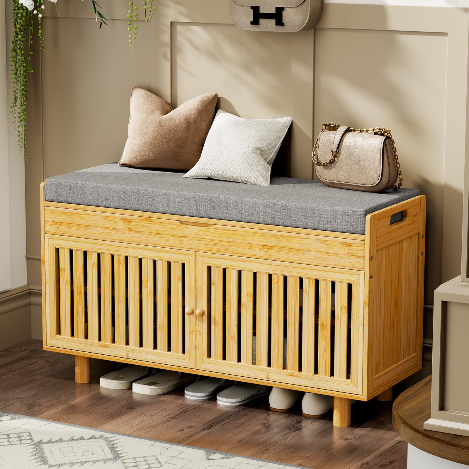 Latitude Run® Bamboo Storage Bench, Double Doors With Padded Seat ...