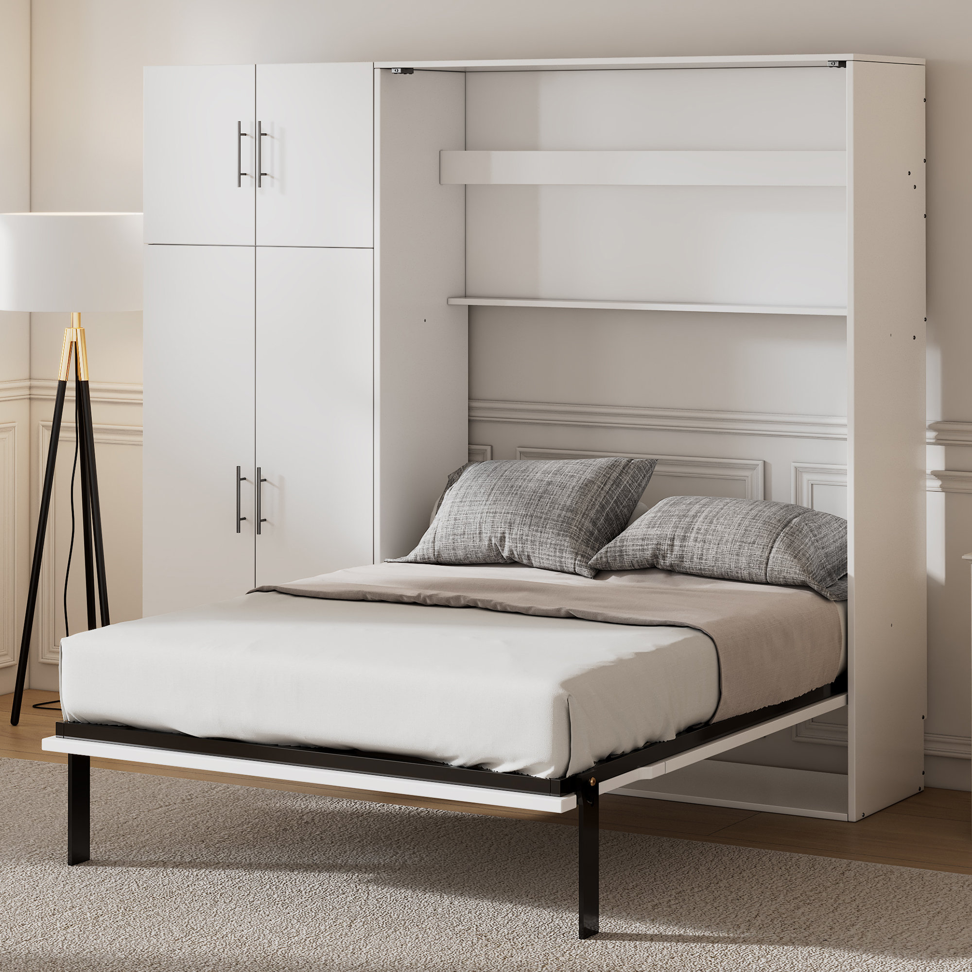 Latitude Run® Space-Saving White Murphy Bed with Lockers & Wardrobes ...