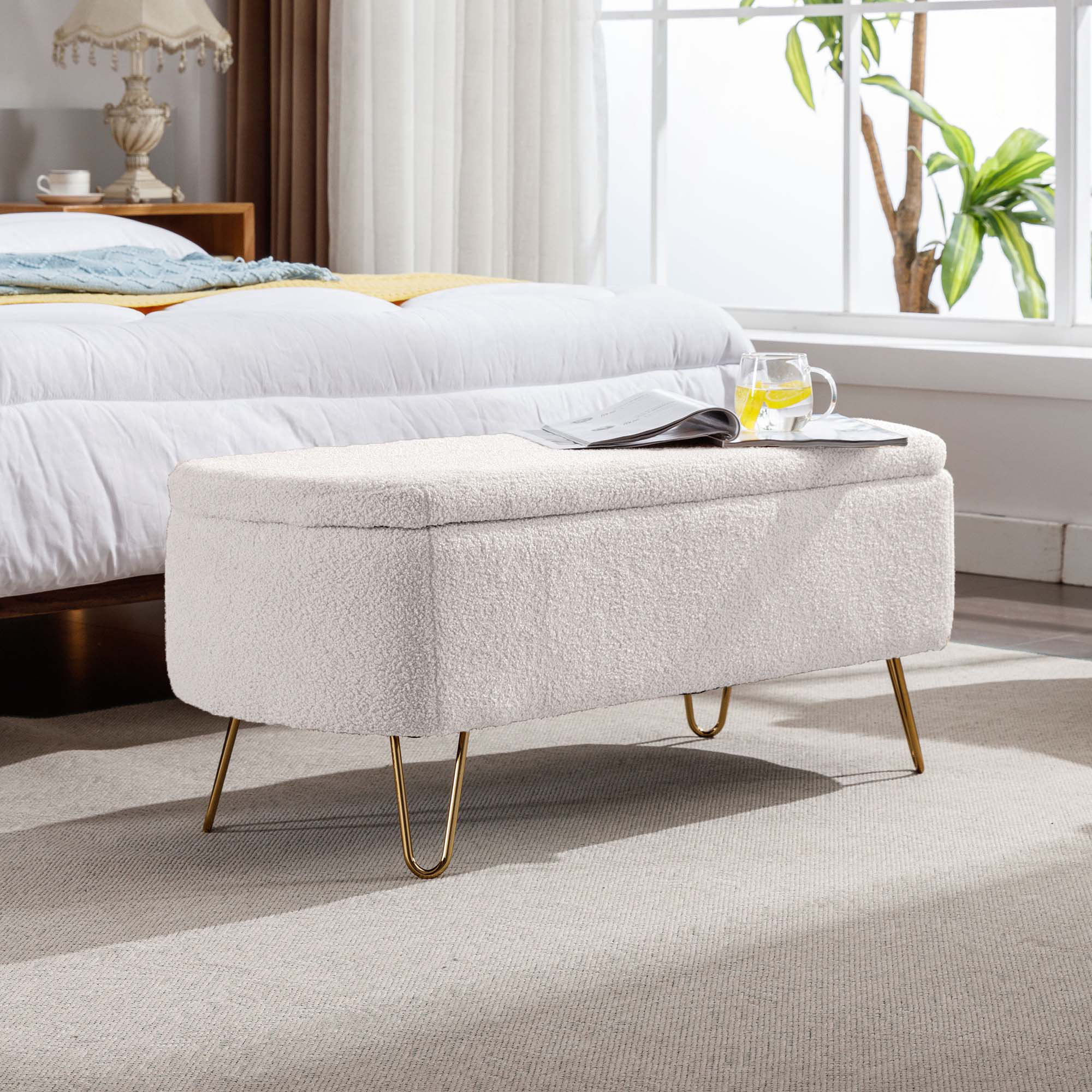 Mercer41 Toleen Storage Ottoman Bench for End of Bed Gold Legs, Modern ...