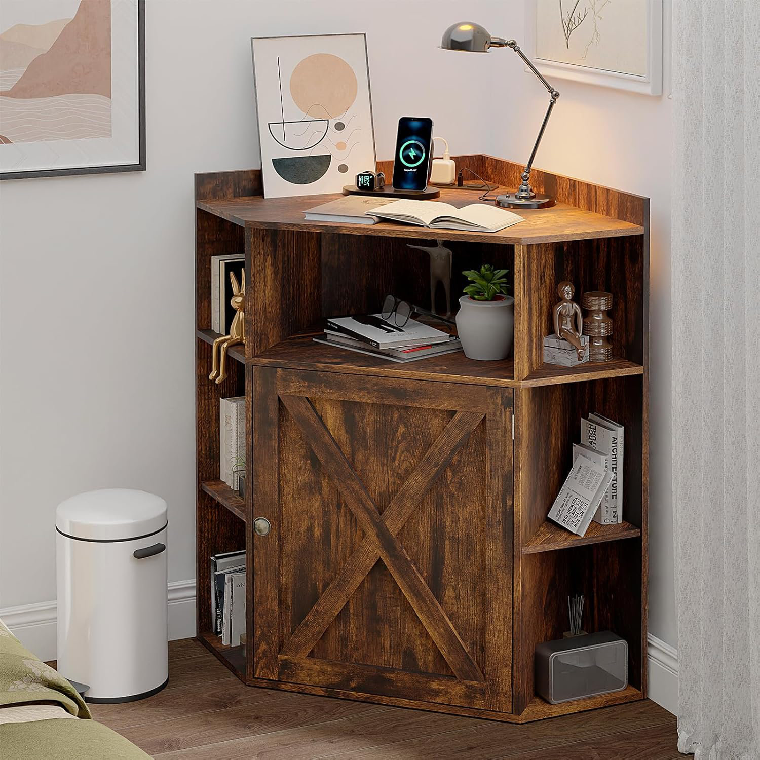 Gracie Oaks Corner Storage Shelf with USB Ports and Outlets Industrial ...
