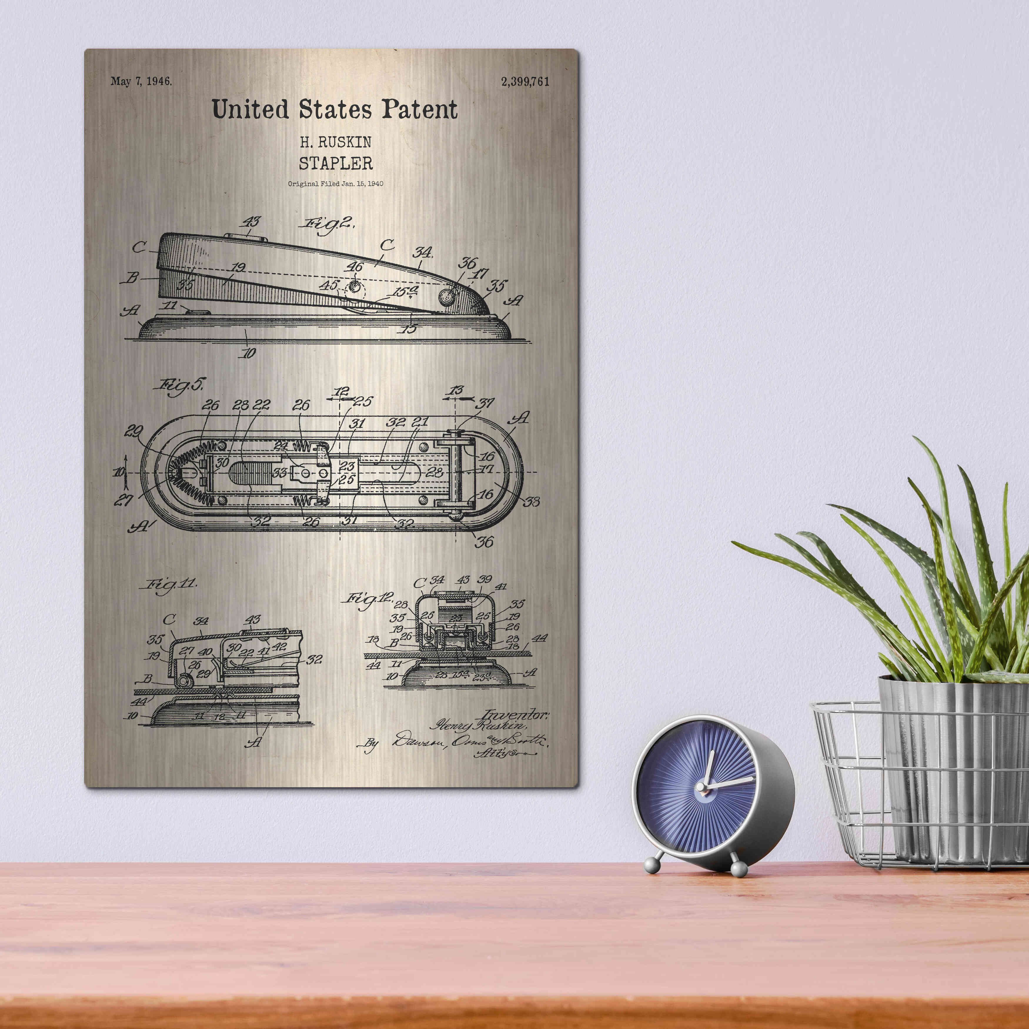 17 Stories 'Stapler Blueprint Patent Parchment' Metal Wall Art | Wayfair