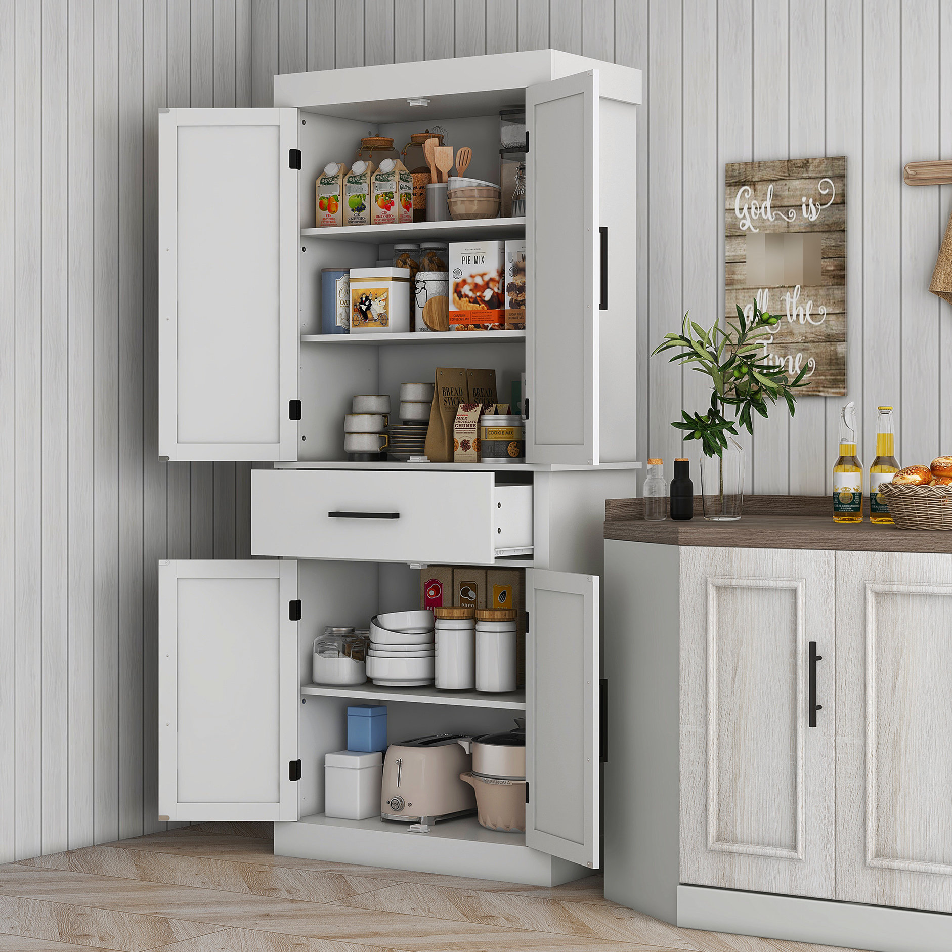 August Grove® White 72" Tall Kitchen Pantry Storage With 4 Barn Doors ...