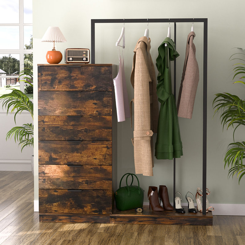 17 Stories Latissia 55"W Cloth Rack With 6-Drawer Dresser And Charge ...