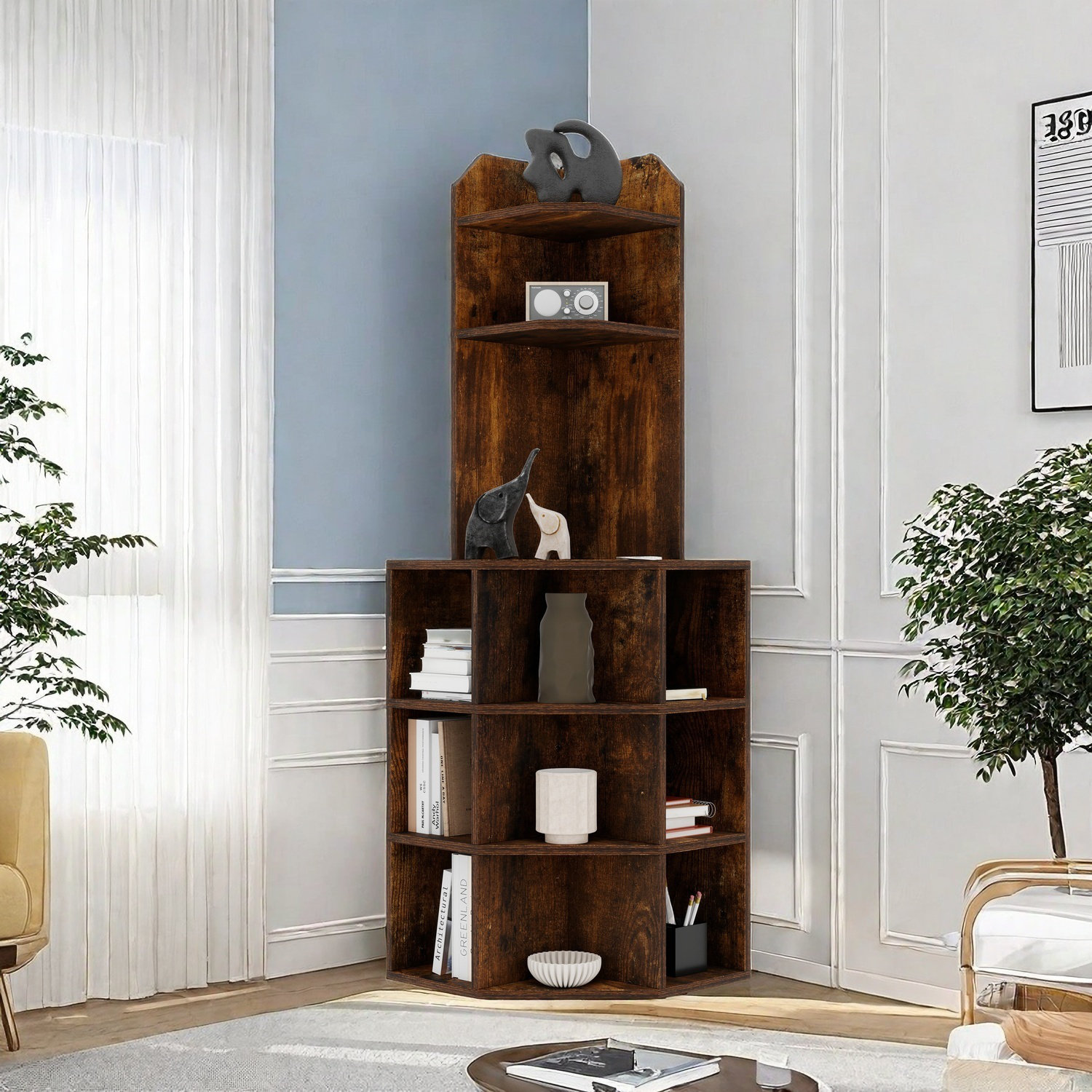 The Twillery Co. Darley Corner Shelf with USB Ports & Outlets, Wooden ...