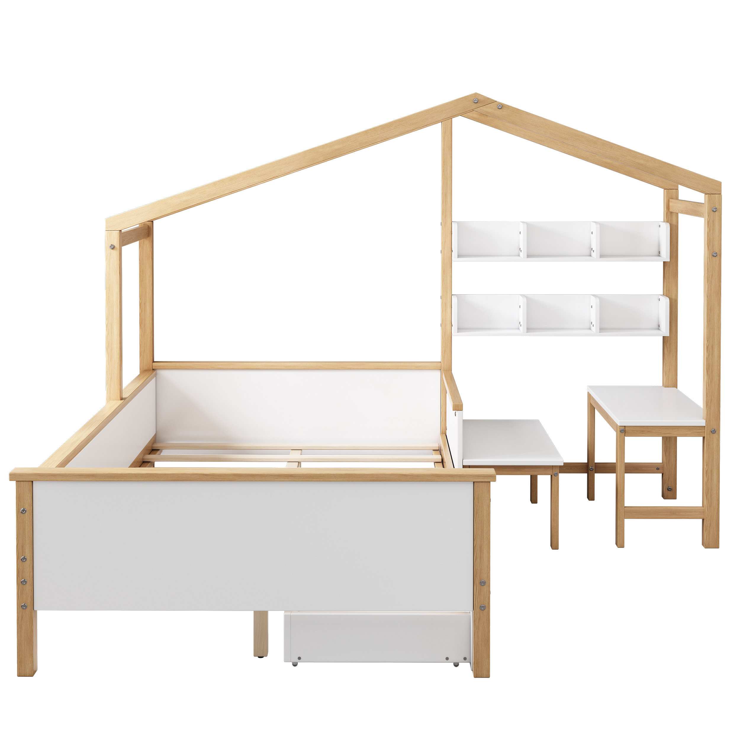 Bossicavelly Full Size Wooden House Bed White And Original Wood Colored ...