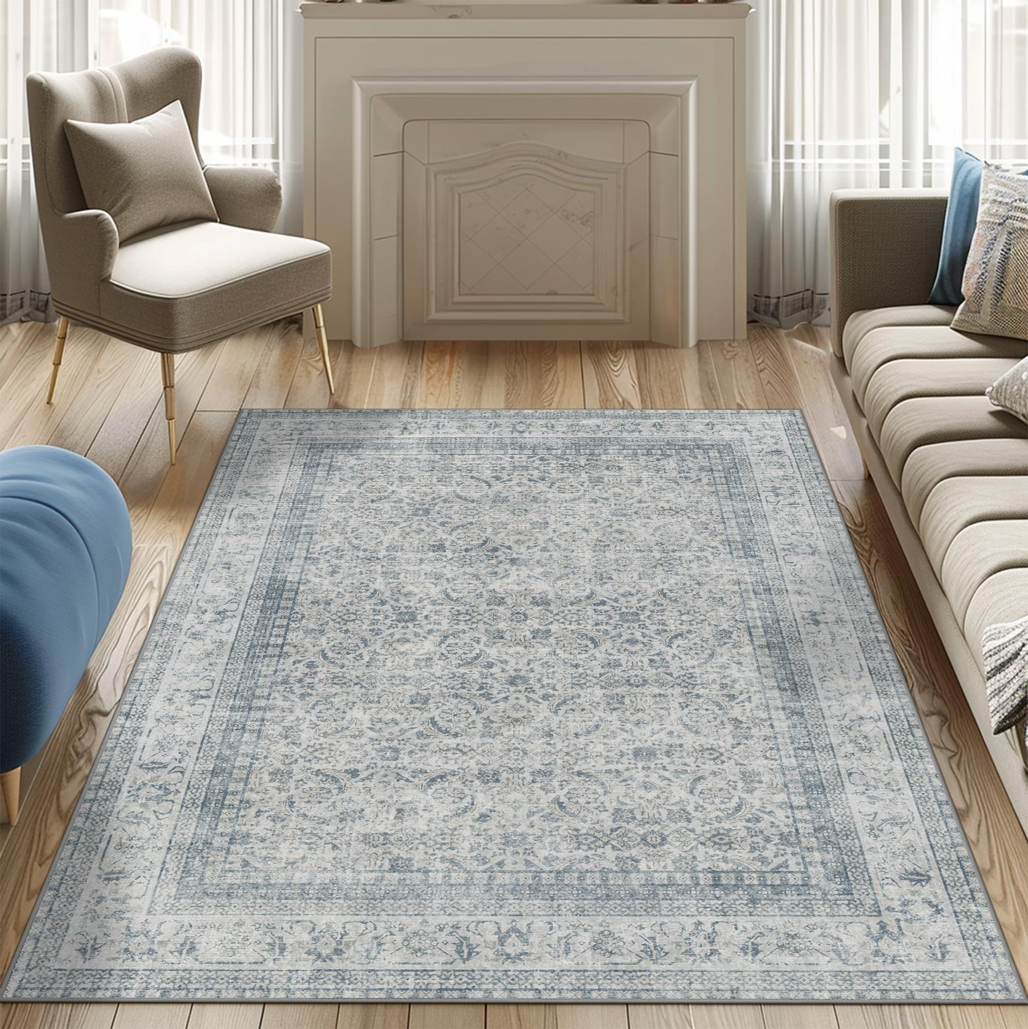 Bungalow Rose Blue Area Rug 8x10 Boho Washable Rug for Living Room ...