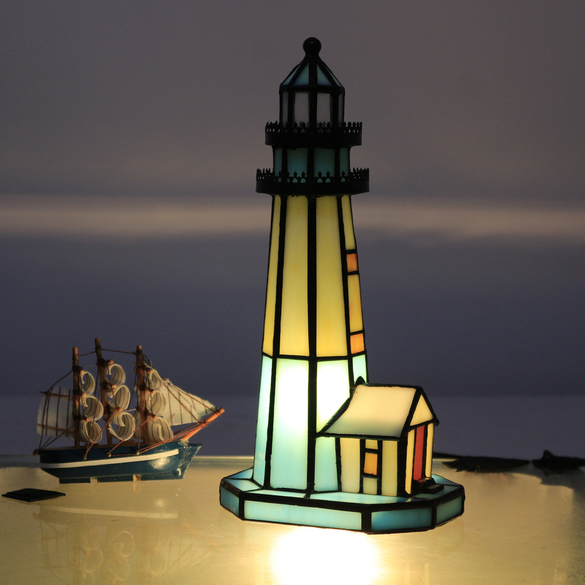 Astoria Grand Small Tiffany Lighthouse Stained Glass Accent Table Lamp ...