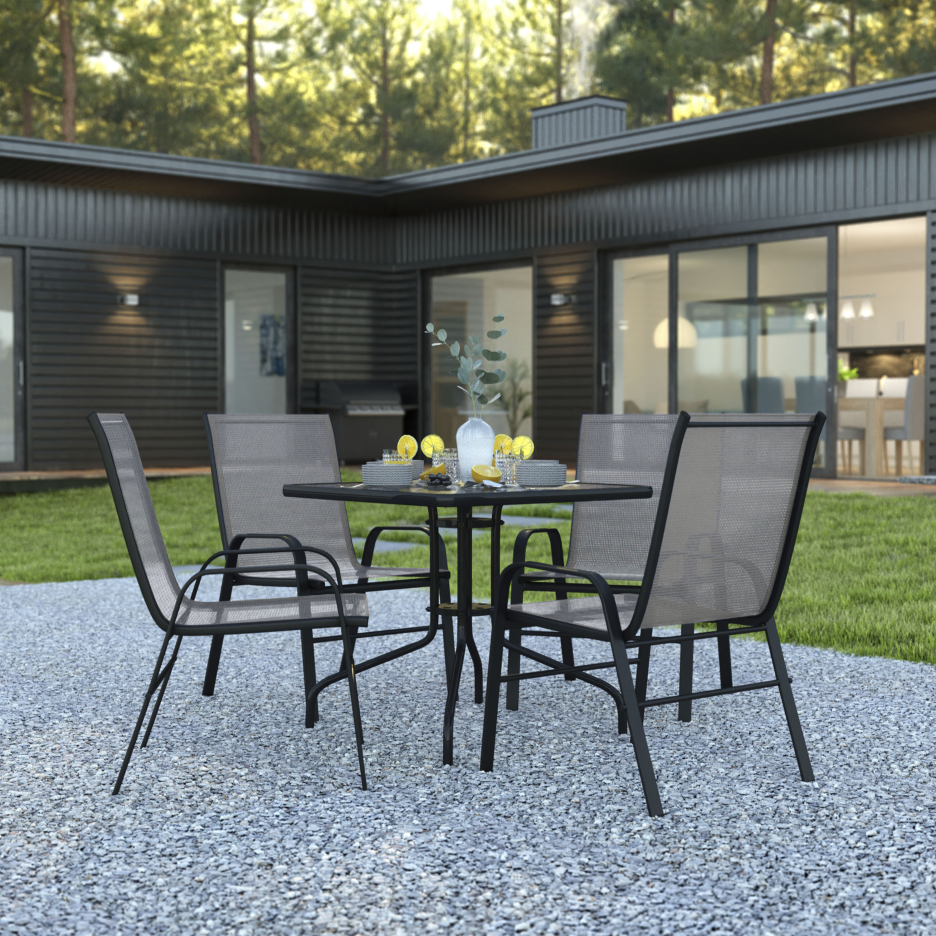 Lark Manor Elgin 5 Piece Patio Dining Set - Glass Table, 4 Flex Stack ...