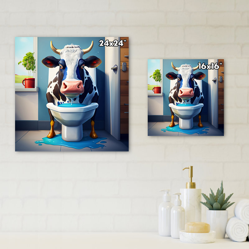 Trinx Cartoon Cow Seating on the Toilet I - Wrapped Canvas Print | Wayfair